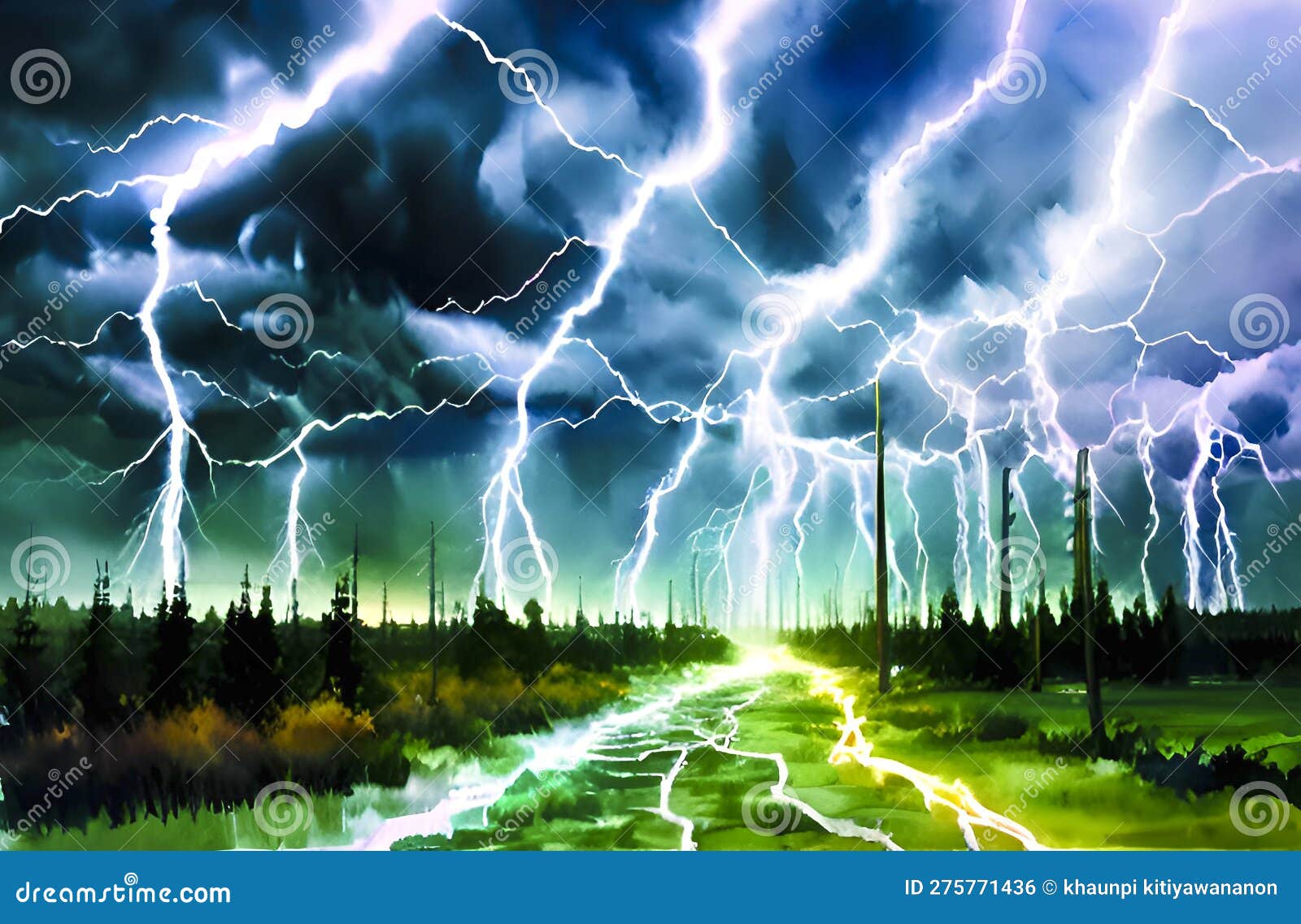 Thunderstorm Over the Forest at Night. Colorful Illustration Stock ...