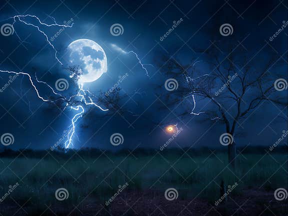 Thunderstruck Night Sky Dramatic Full Moon in the Midst of a Lightning ...