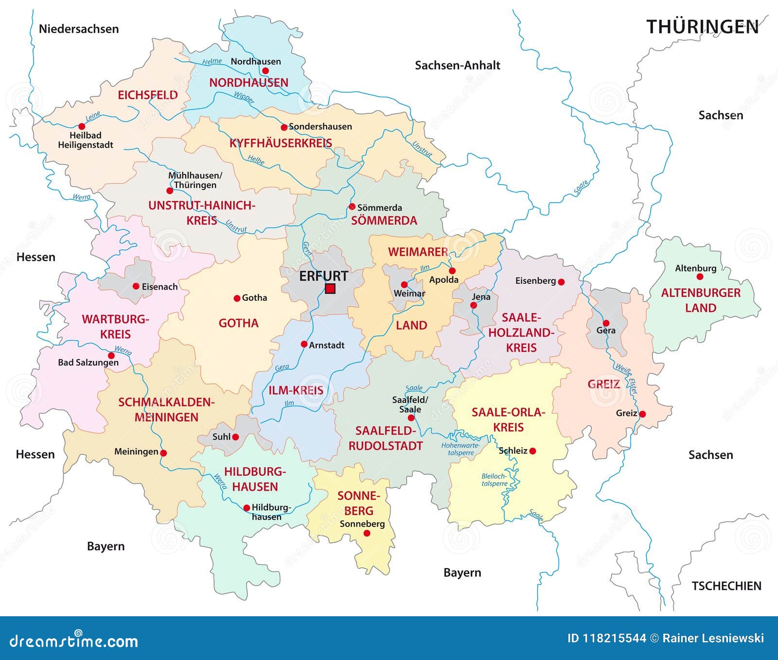 Thuringia Administrative and Political Vector Map Stock Vector ...