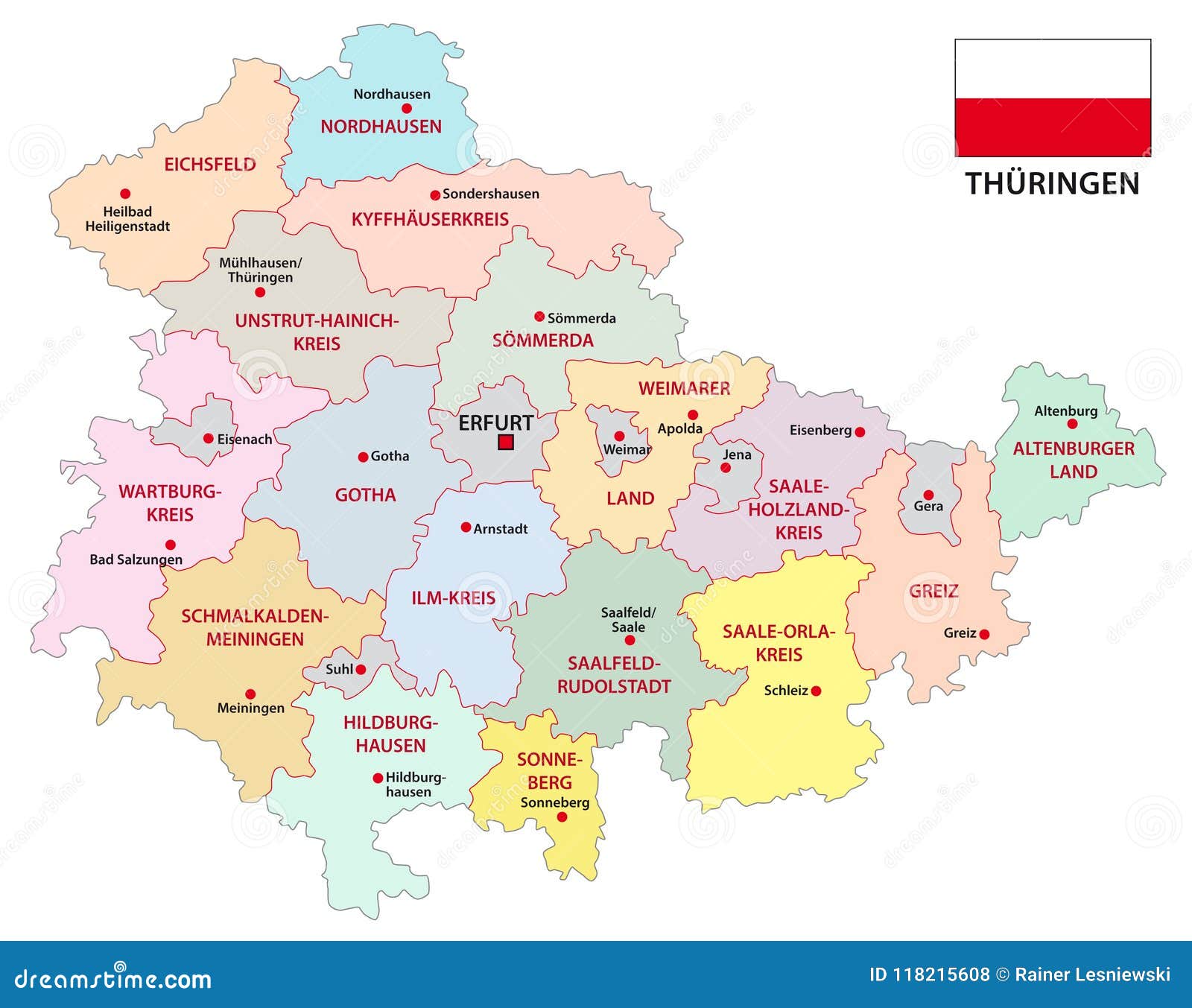 Thuringia Administrative And Political Vector Map With Flag ...