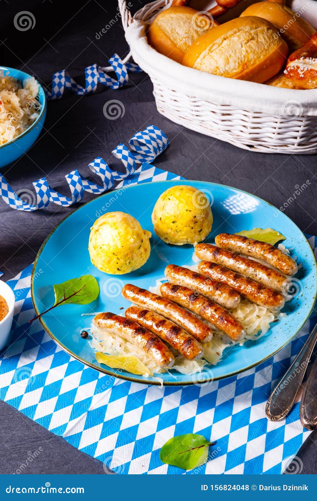 Thuringian Bratwurst with Sauerkraut and Dumplings Stock Photo - Image ...