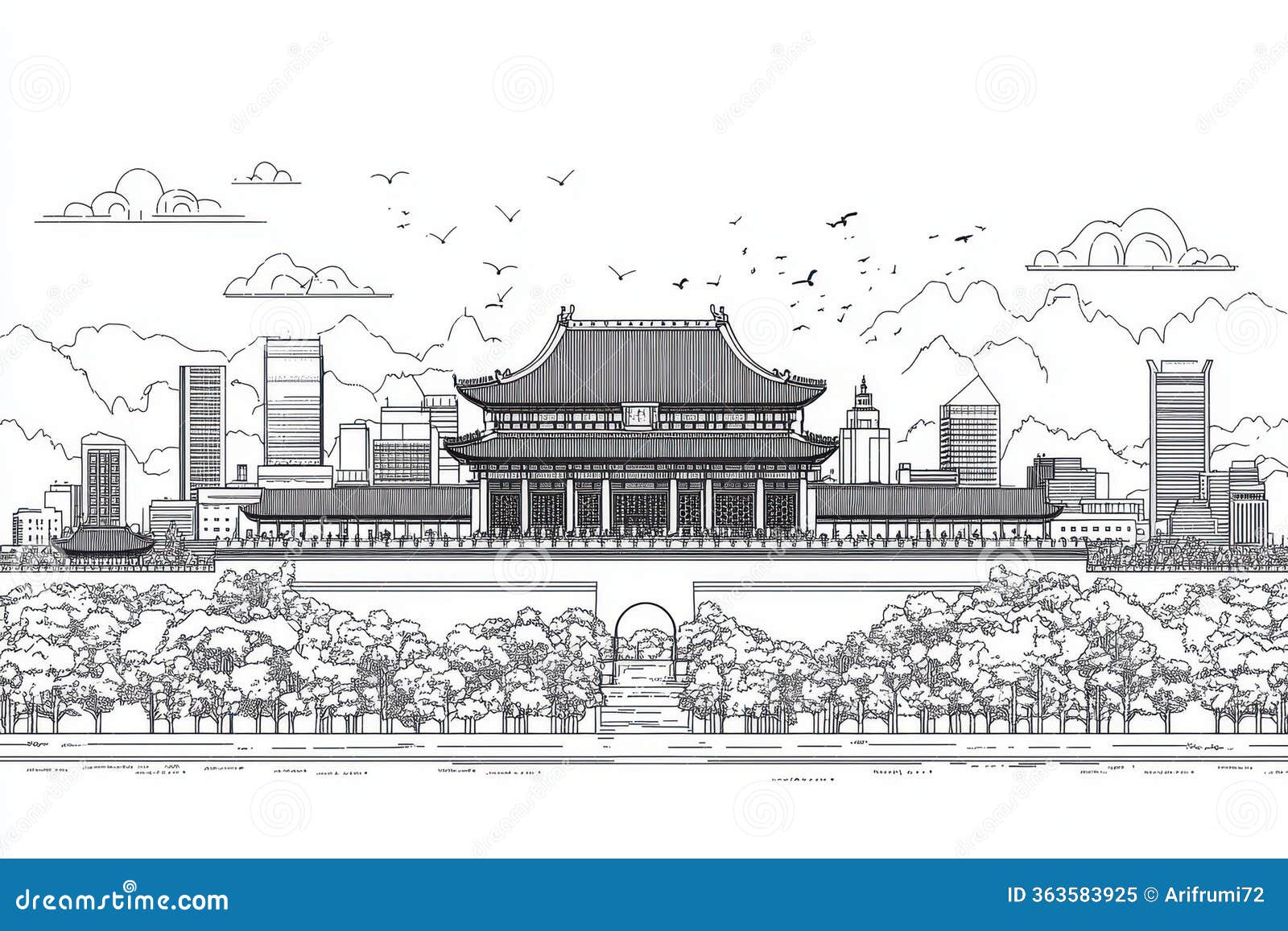Tiananmen Gate Beijing Skyline Architectural Drawing Black And White ...