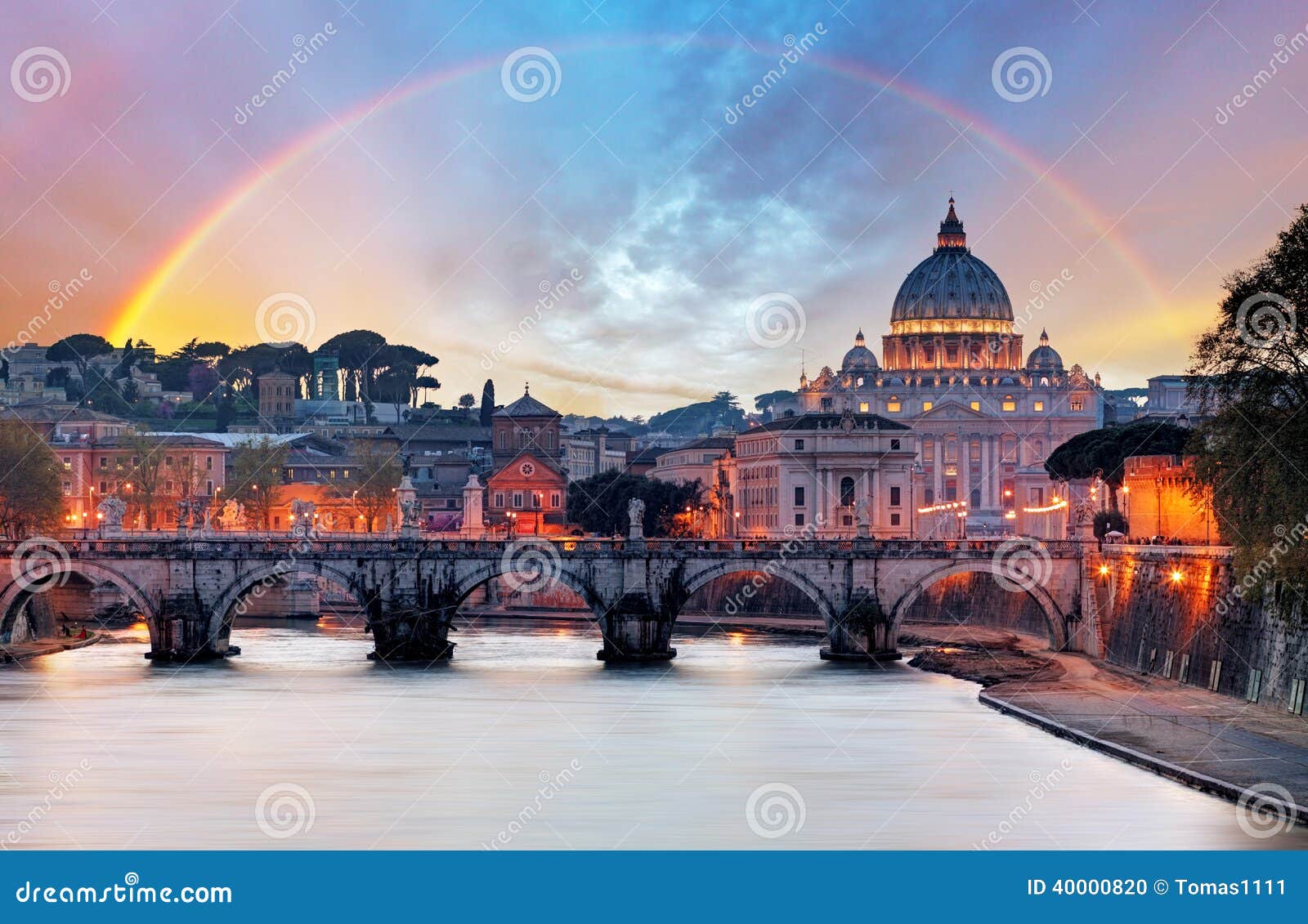 Tiber and St Peter Basilica in Vatican with Rainbow, Roma Stock Photo ...