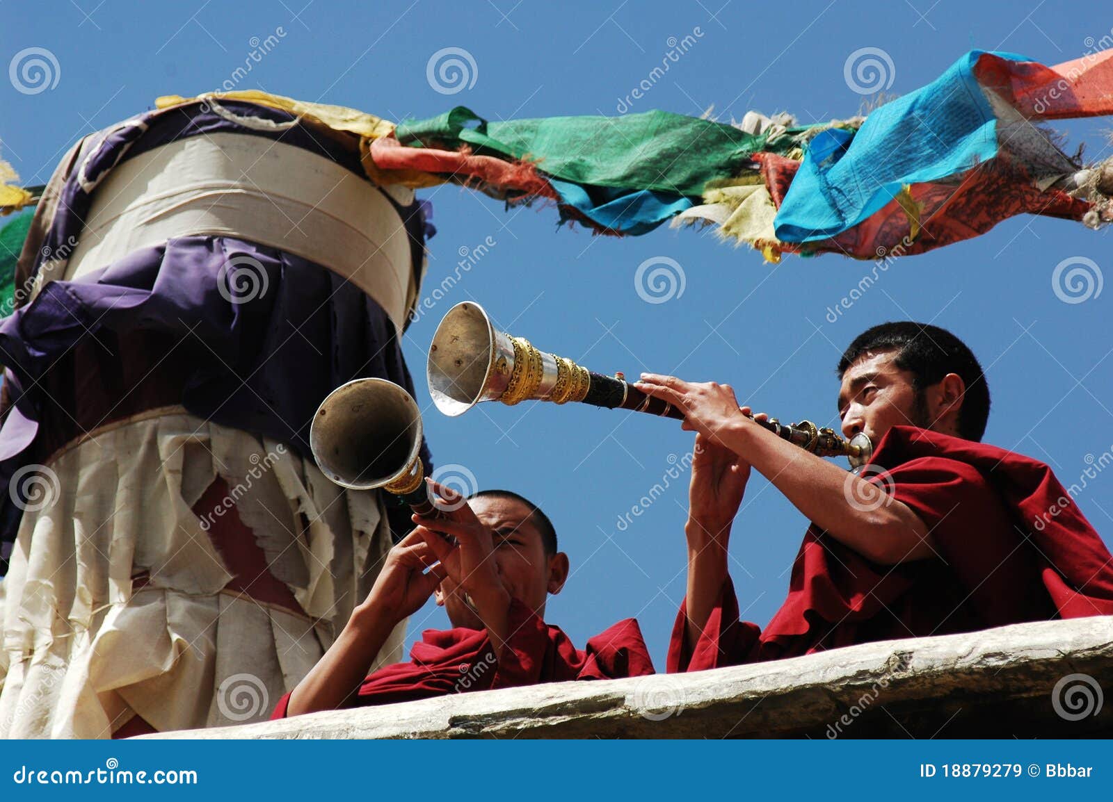 Tibetan Monks Blowing Bugles Editorial Stock Image - Image of close ...