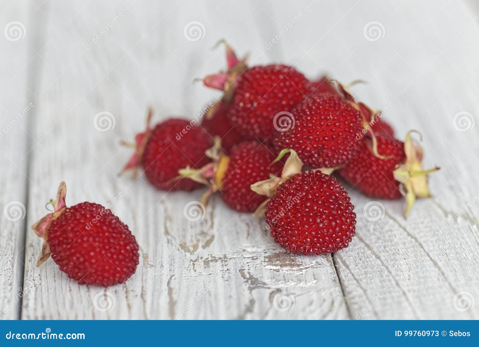 Tibetan Raspberry on a Rustic White Wooden Table. Red Berries on White ...