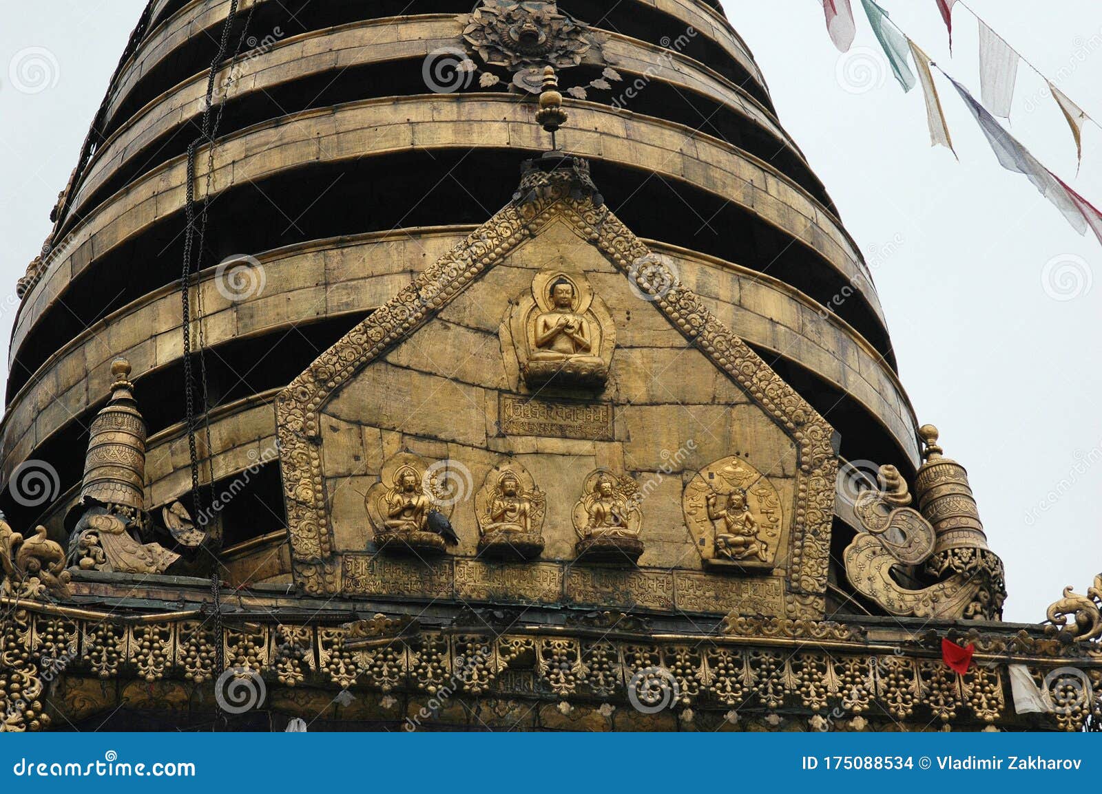 Tibetan Stupa Dome and Prayer Flags Stock Photo - Image of golden ...