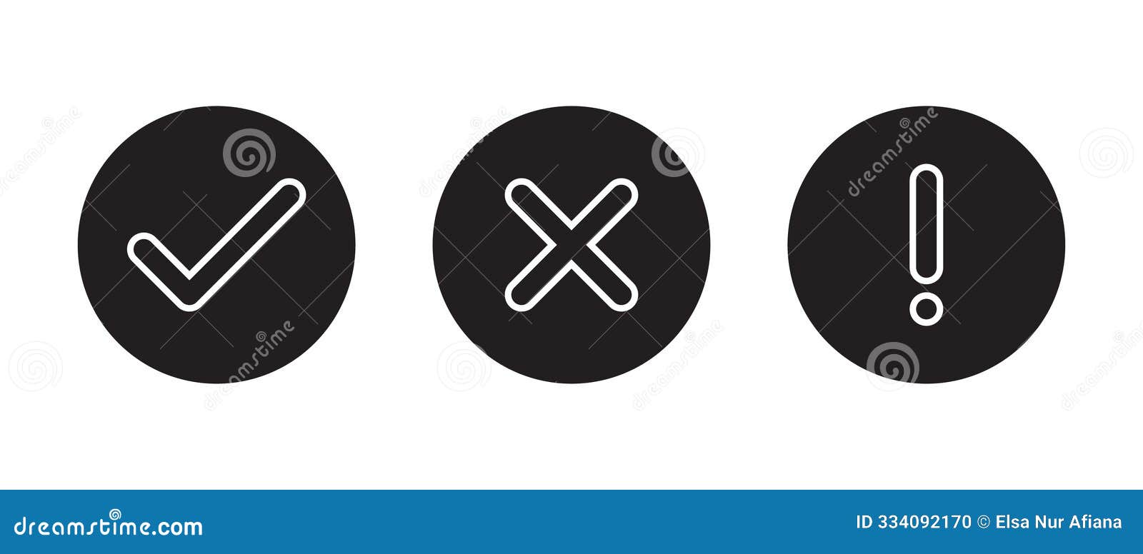 Tick, Cross Mark and Exclamation Point Line Icon on Black Circle Stock ...
