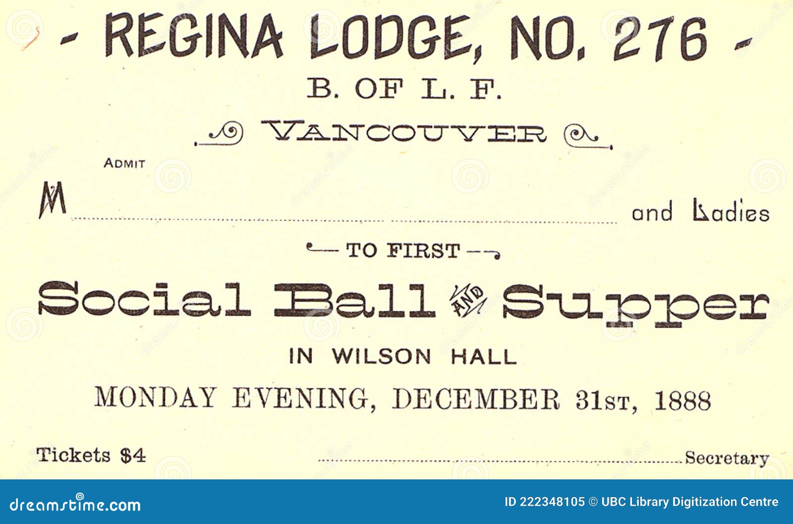 [Ticket For Social Ball And Supper At The Regina Lodge] Picture. Image ...