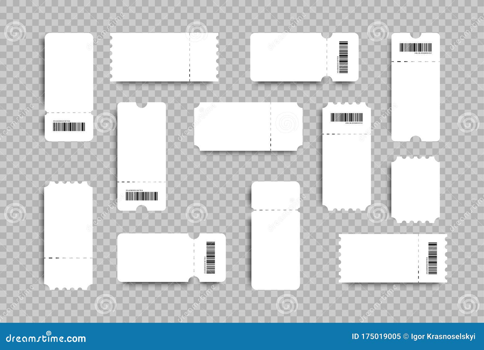 Tickets Collection. White Tickets With Barcode, Isolated On Transparent ...