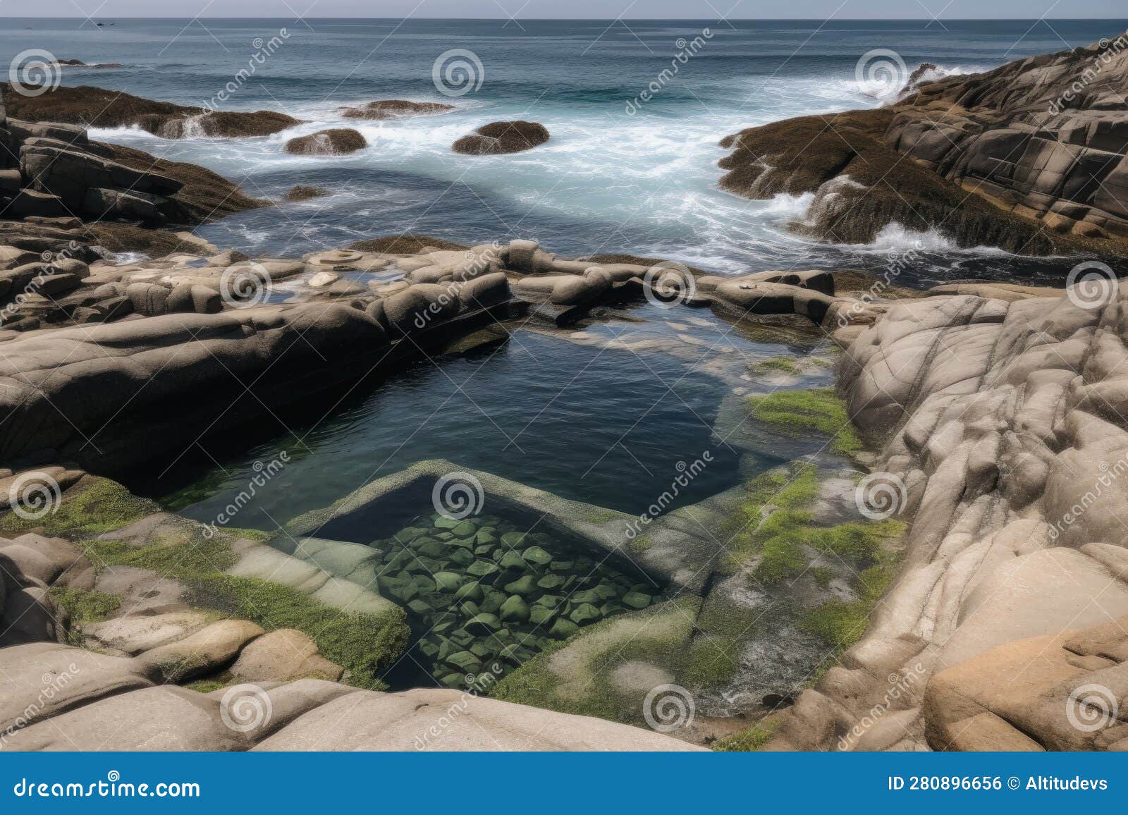 Tidal Pool Surrounded by Cliffside Rocks, with View of the Open Ocean ...
