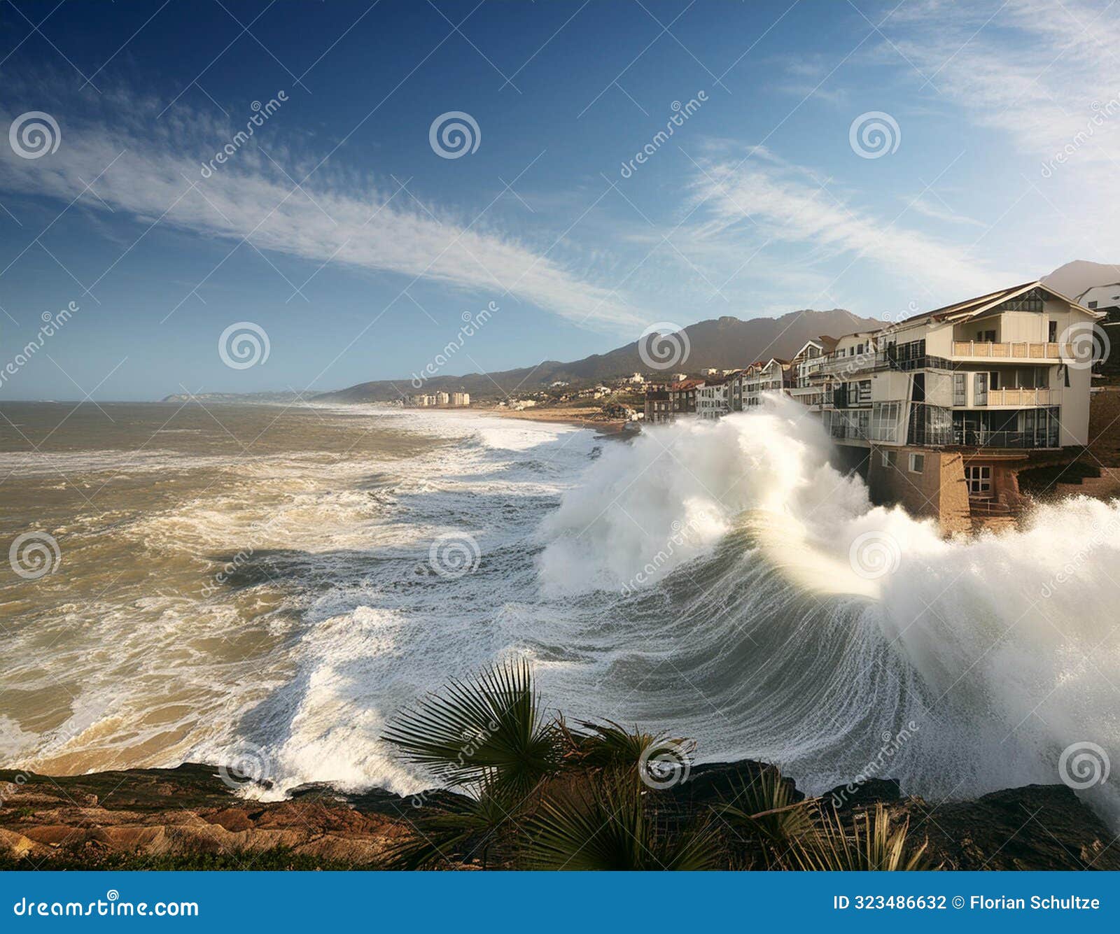 Tidal Wave Approaches Beach Town - Natural Disaster Landscape Stock ...