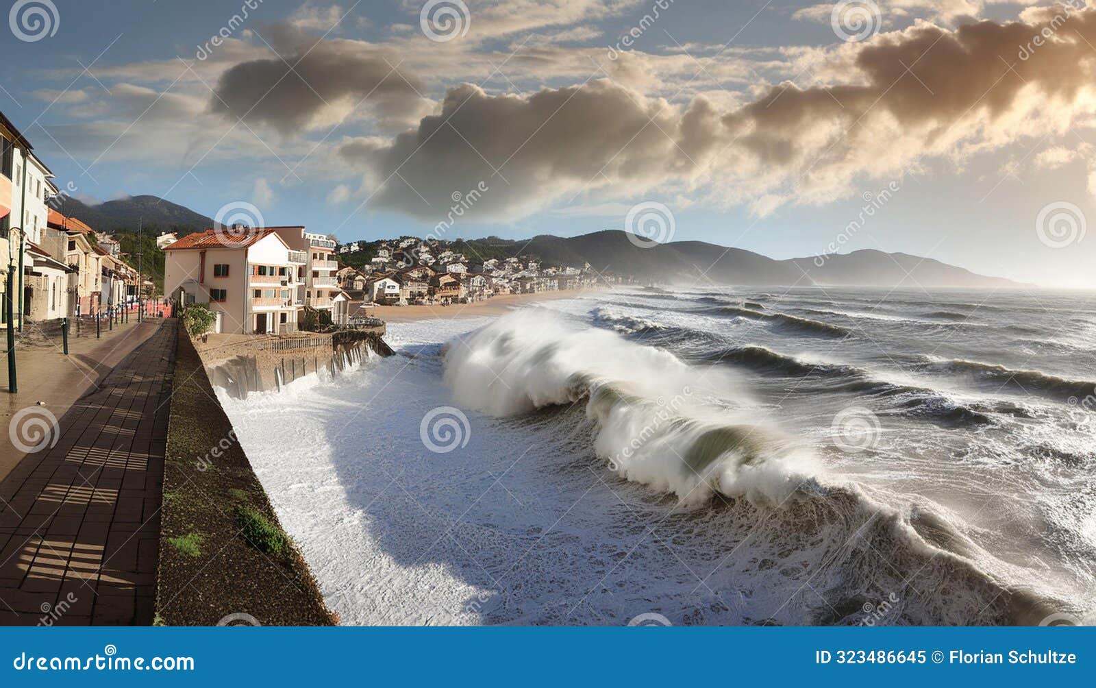 Tidal Wave Approaches Beach Town - Natural Disaster Landscape Stock ...