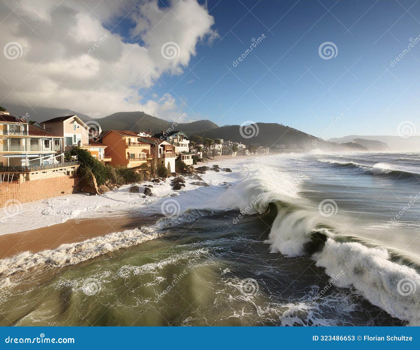 Tidal Wave Approaches Beach Town - Natural Disaster Landscape Stock ...