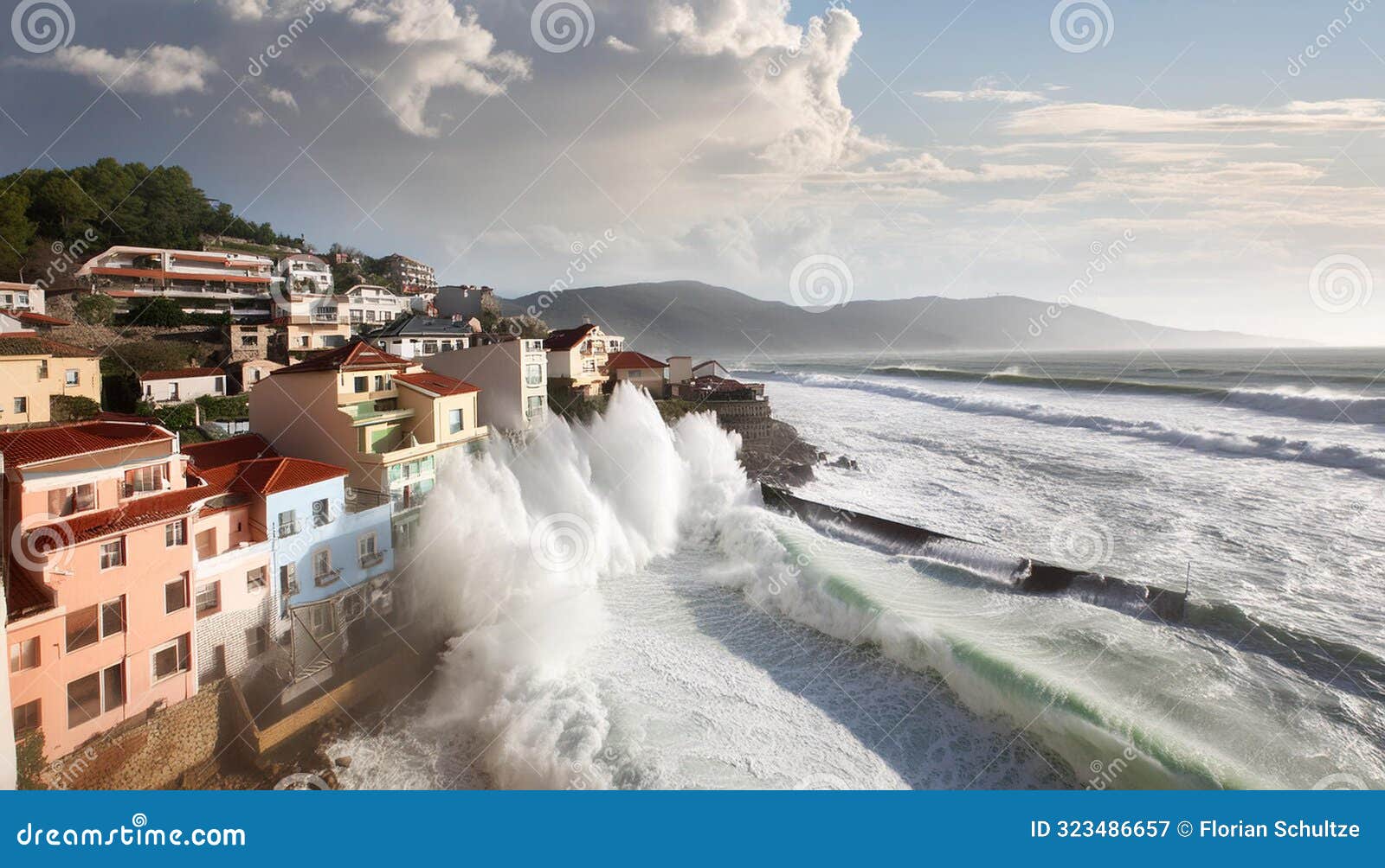 Tidal Wave Approaches Beach Town - Natural Disaster Landscape Stock ...