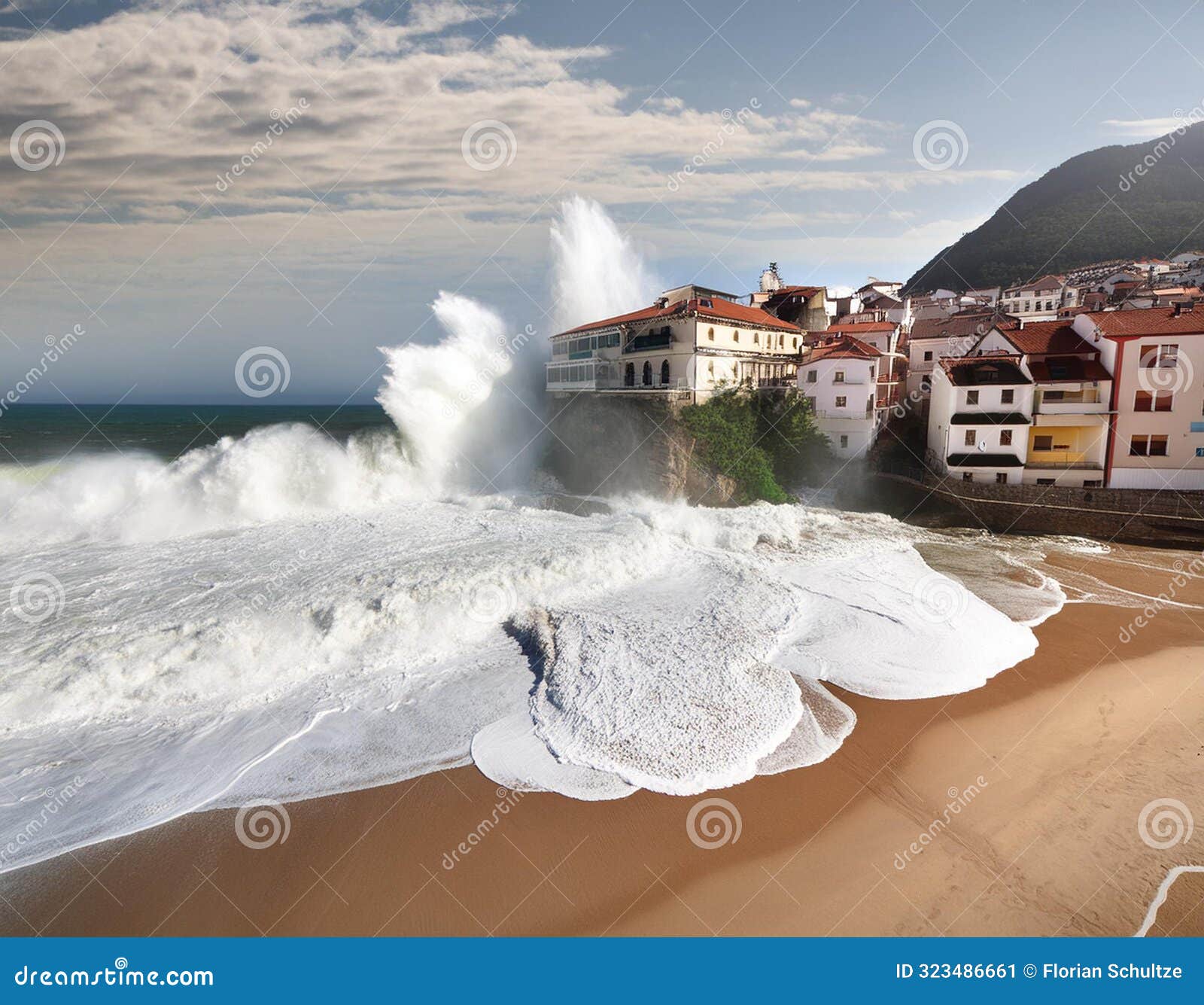 Tidal Wave Approaches Beach Town - Natural Disaster Landscape Stock ...
