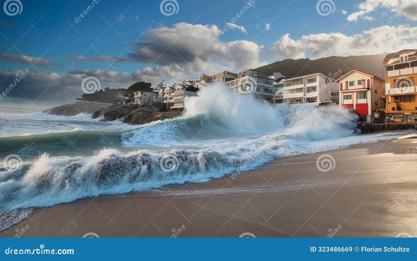 Tidal Wave Approaches Beach Town - Natural Disaster Landscape Stock ...