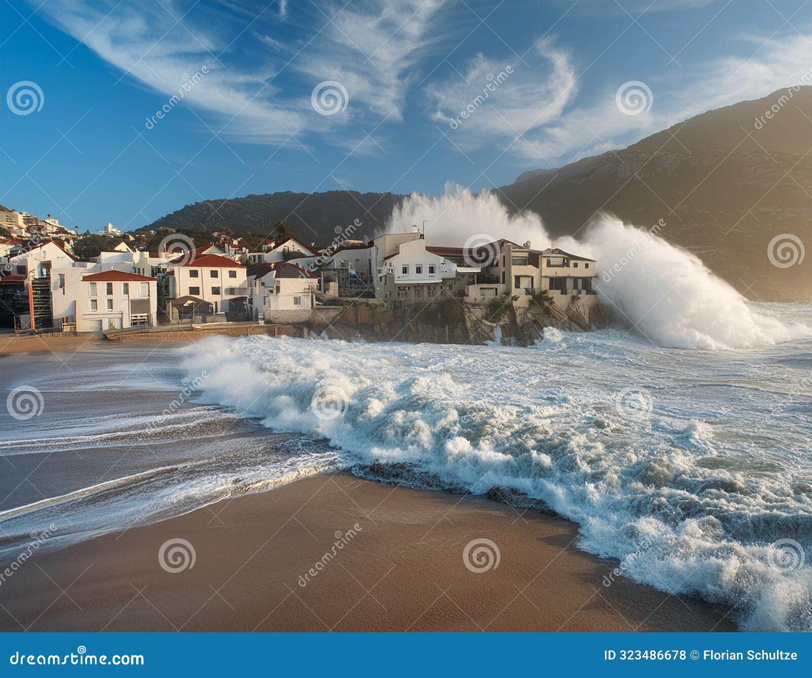Tidal Wave Approaches Beach Town - Natural Disaster Landscape Stock ...