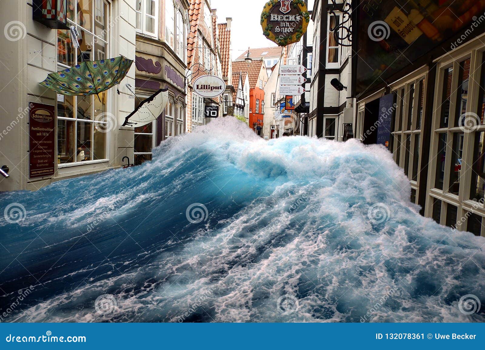 Tidal Wave through the Old Town Editorial Photo - Image of city, wave ...