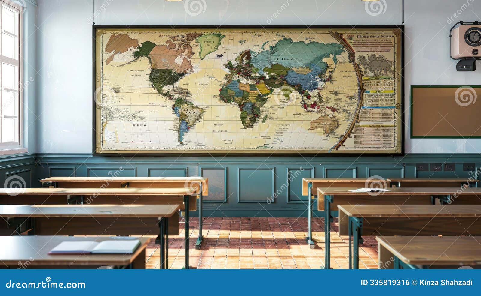 A Tidy Classroom with a Large Map of the World Hanging on the Wall ...