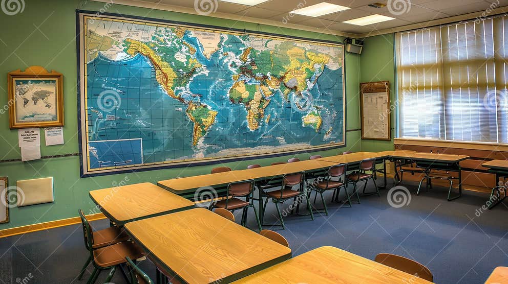A Tidy Classroom with a Large Map of the World Hanging on the Wall ...