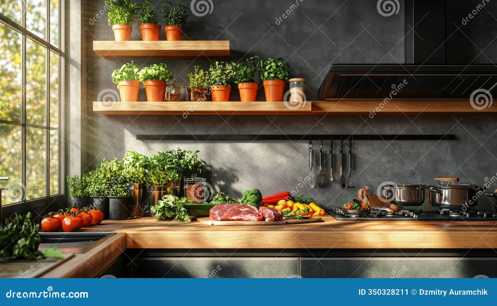 Tidy and Clean Kitchen Counter with Ingredients in Place Stock Image ...