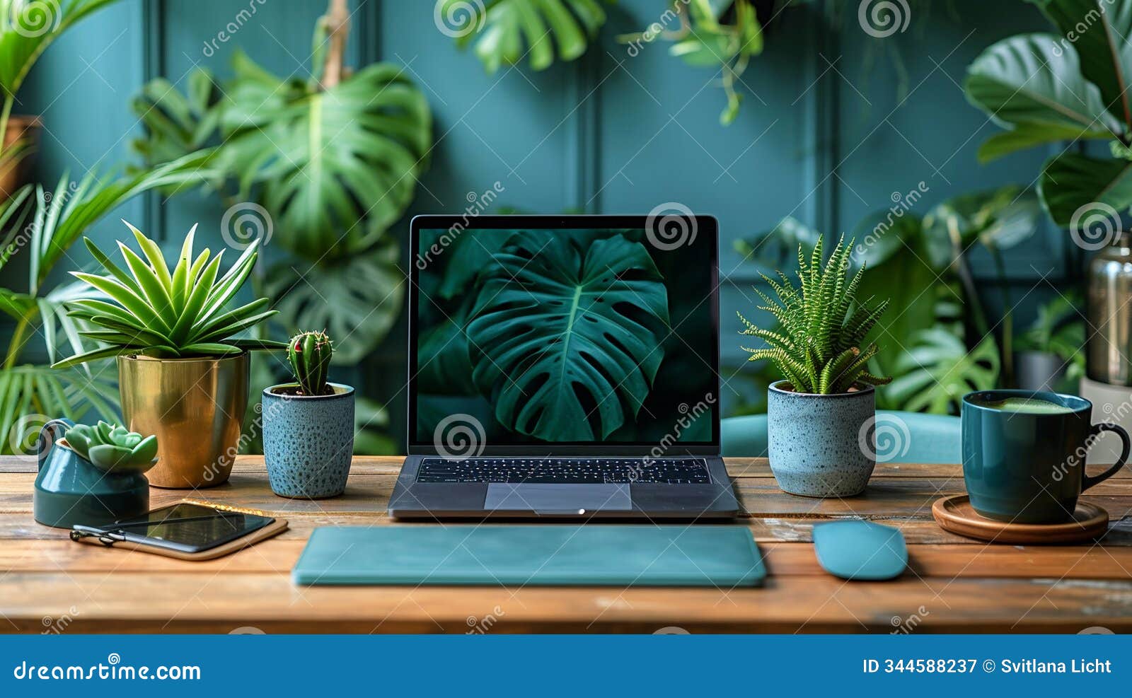 Tidy Desk Setup with Laptop and Various Plants Creates Tranquil ...