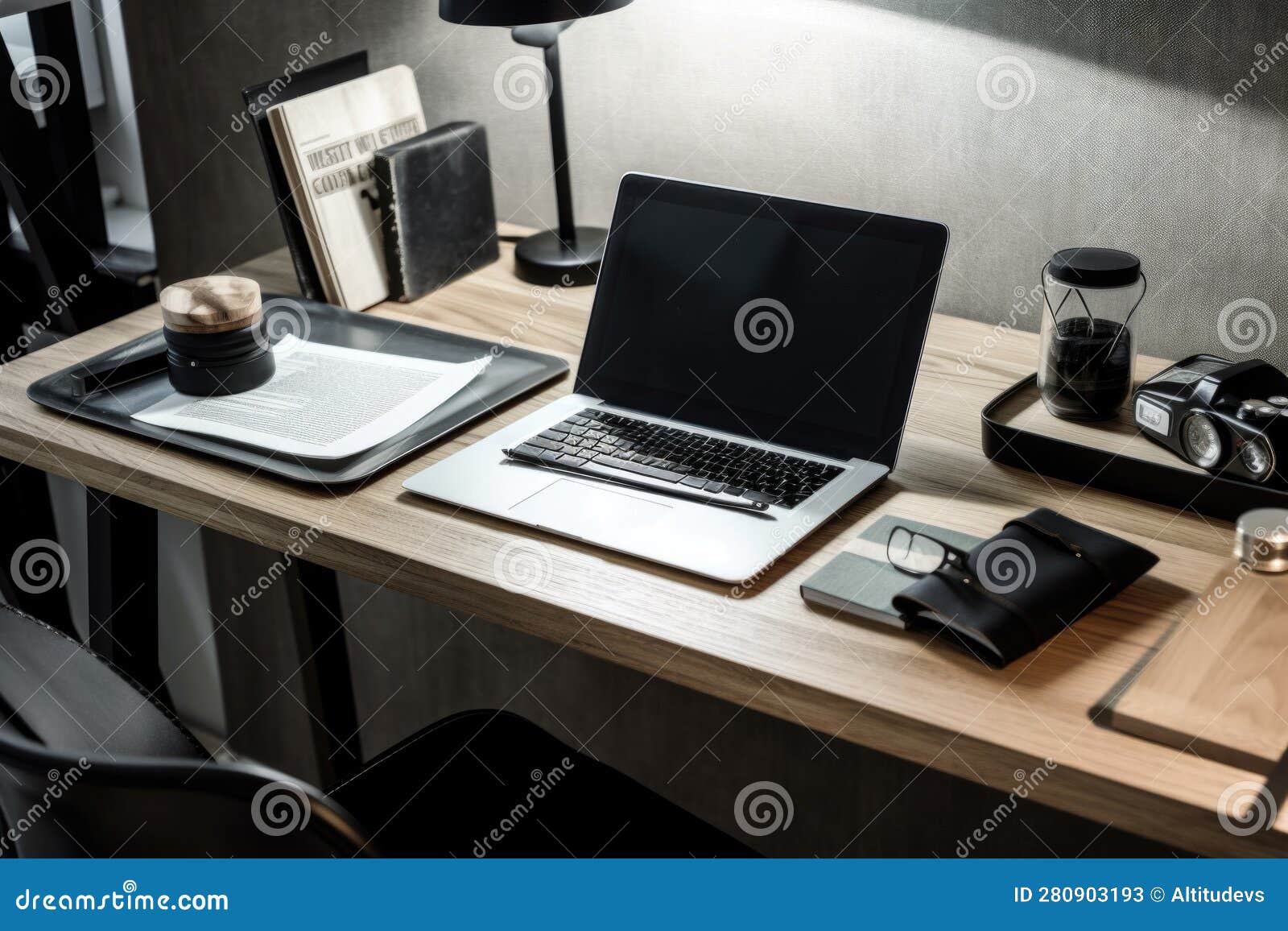 Tidy Desk With Breathtaking City Skyline Stock Image | CartoonDealer ...