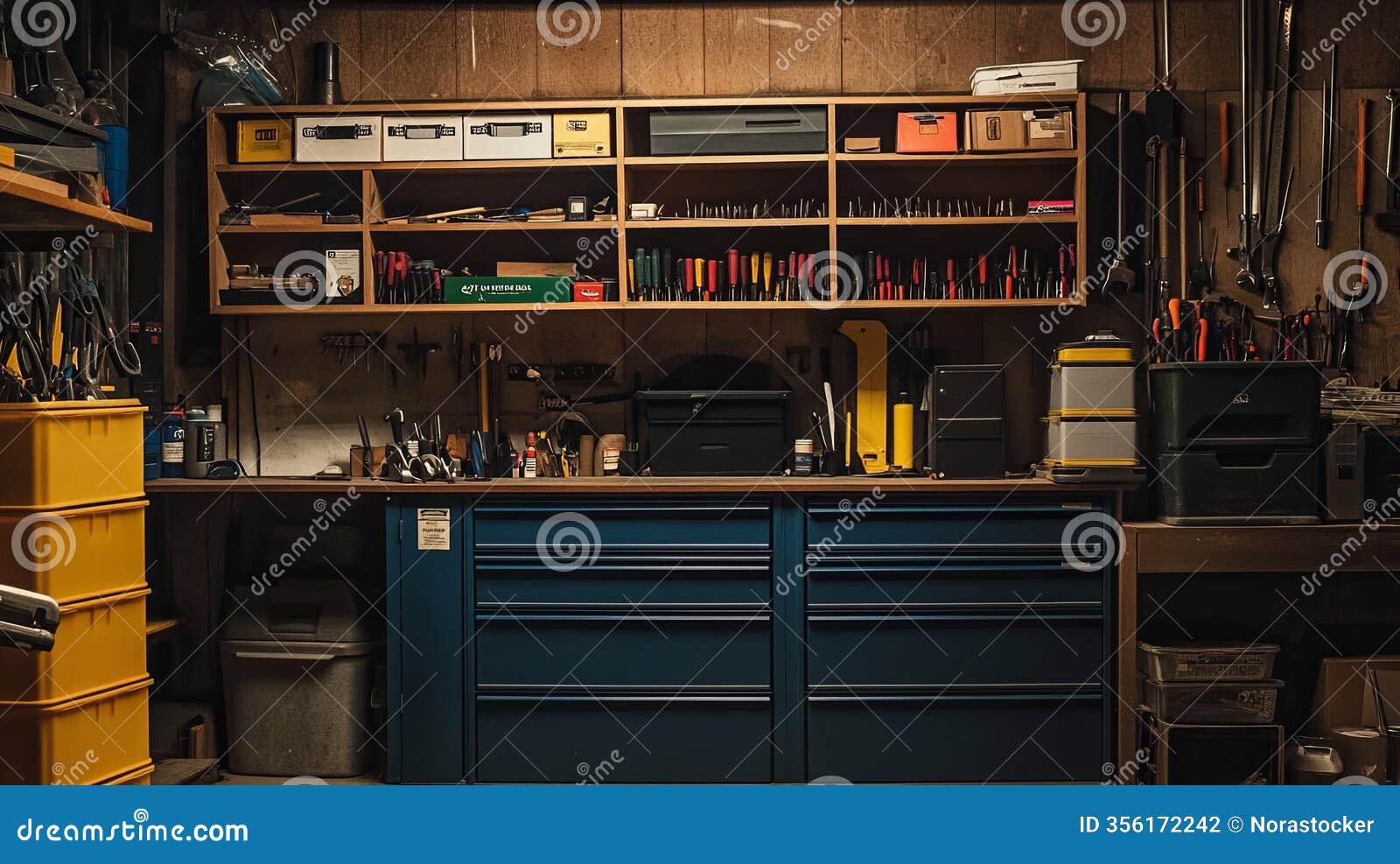A Tidy Garage with a Toolbox and Shelves of Labeled Storage Bins Stock ...