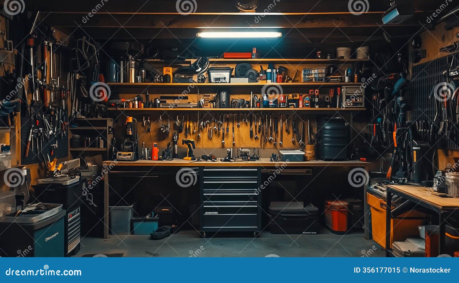 A Tidy Garage with a Toolbox and Shelves of Labeled Storage Bins Stock ...