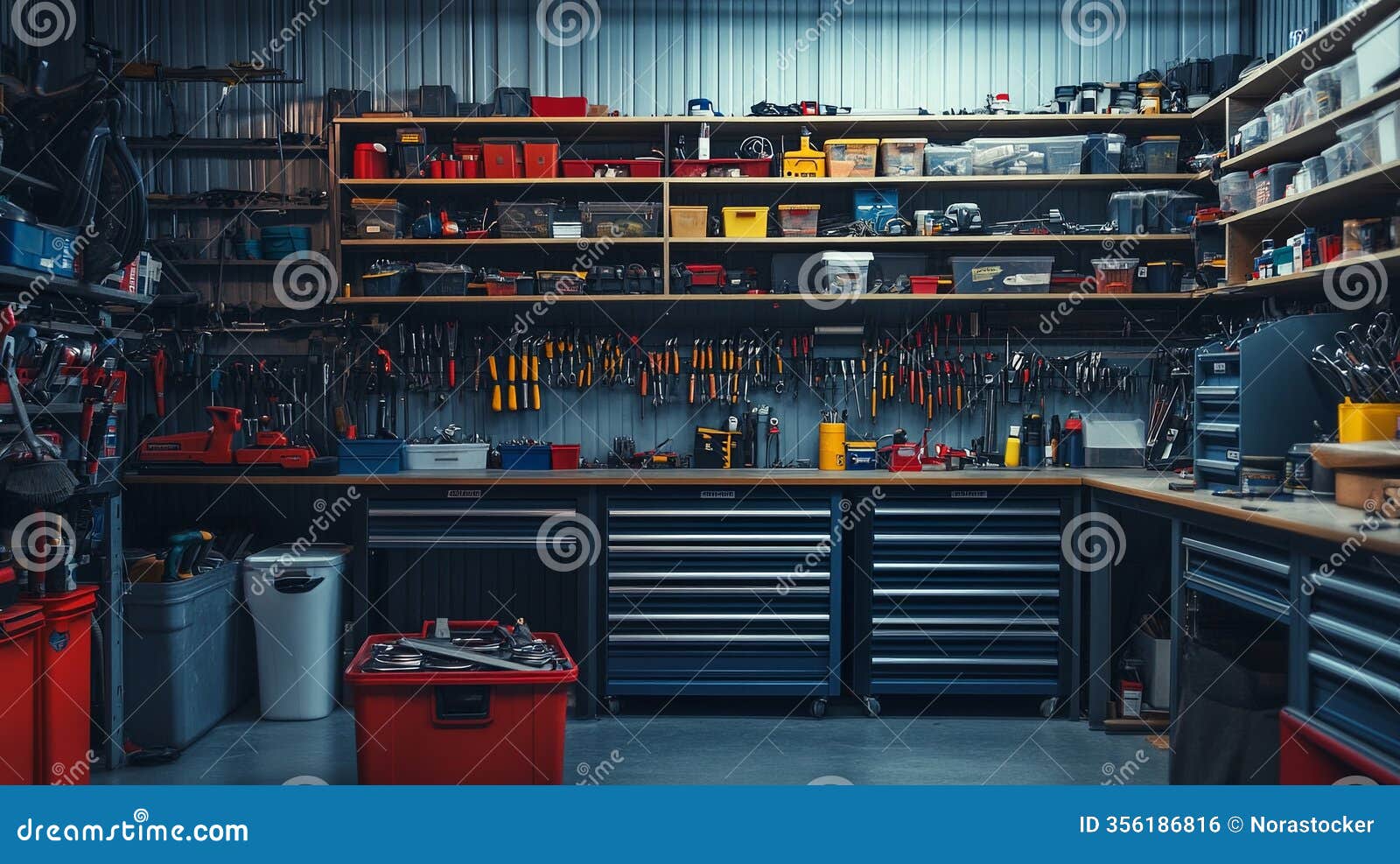 A Tidy Garage with a Toolbox and Shelves of Labeled Storage Bins Stock ...