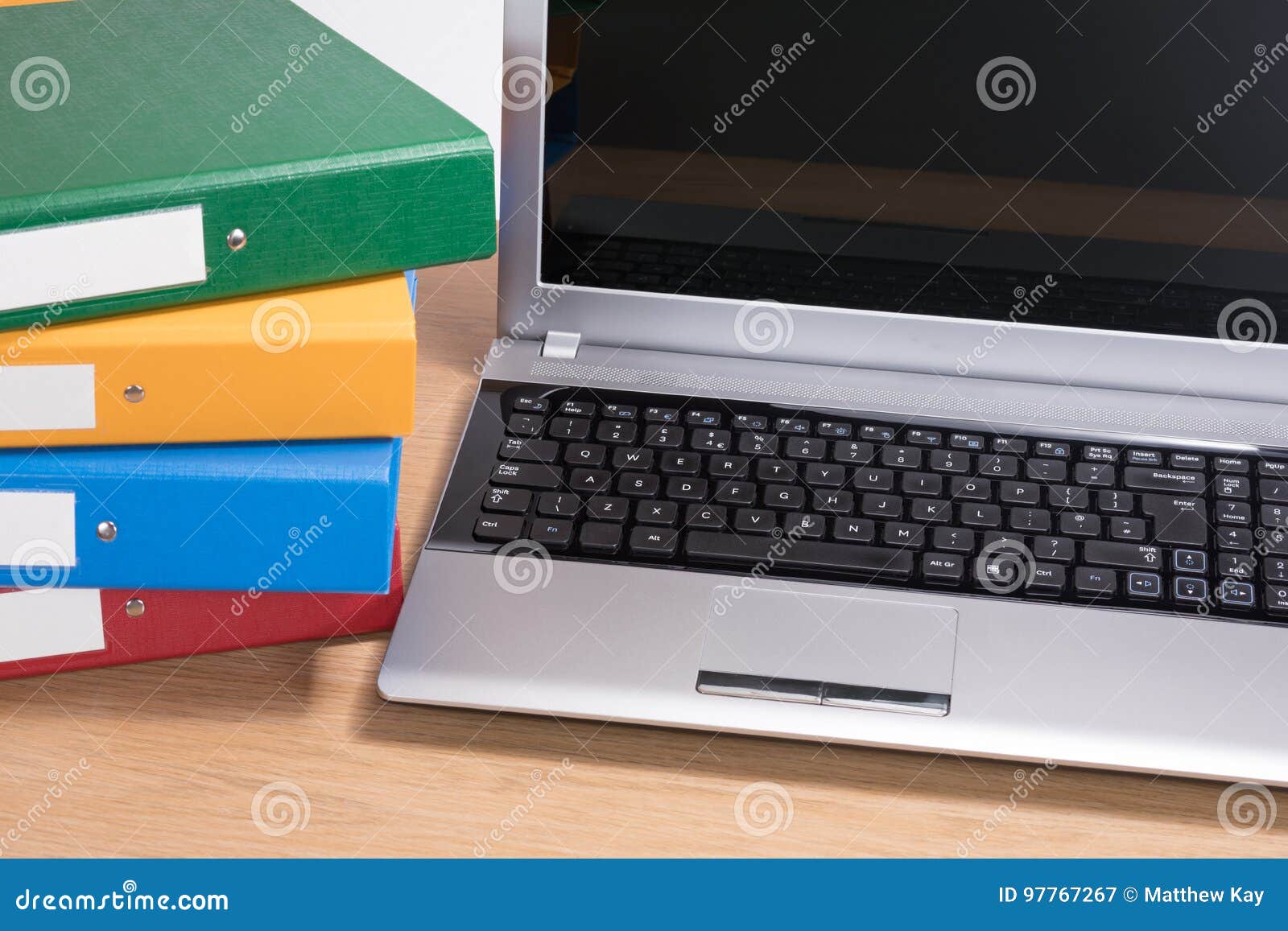 Tidy Office Desk with Laptop and Stacked Folders Stock Image - Image of ...