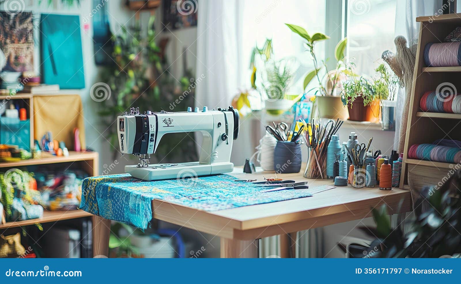 A Tidy Sewing Table with Fabric, Scissors, and a Sewing Machine Ready ...