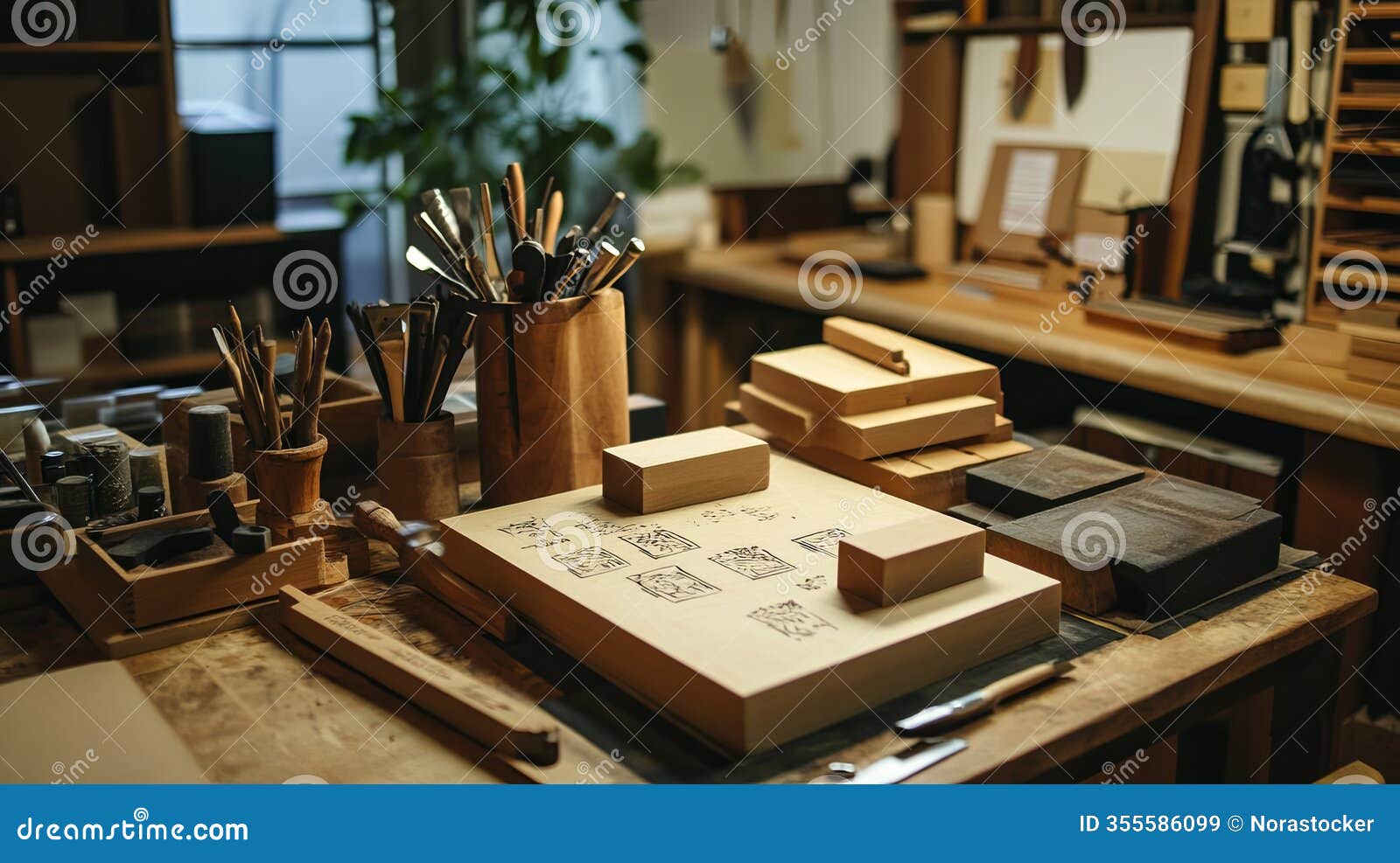 A Tidy Stamp-making Setup with Rubber Blocks, Carving Tools, and Ink ...