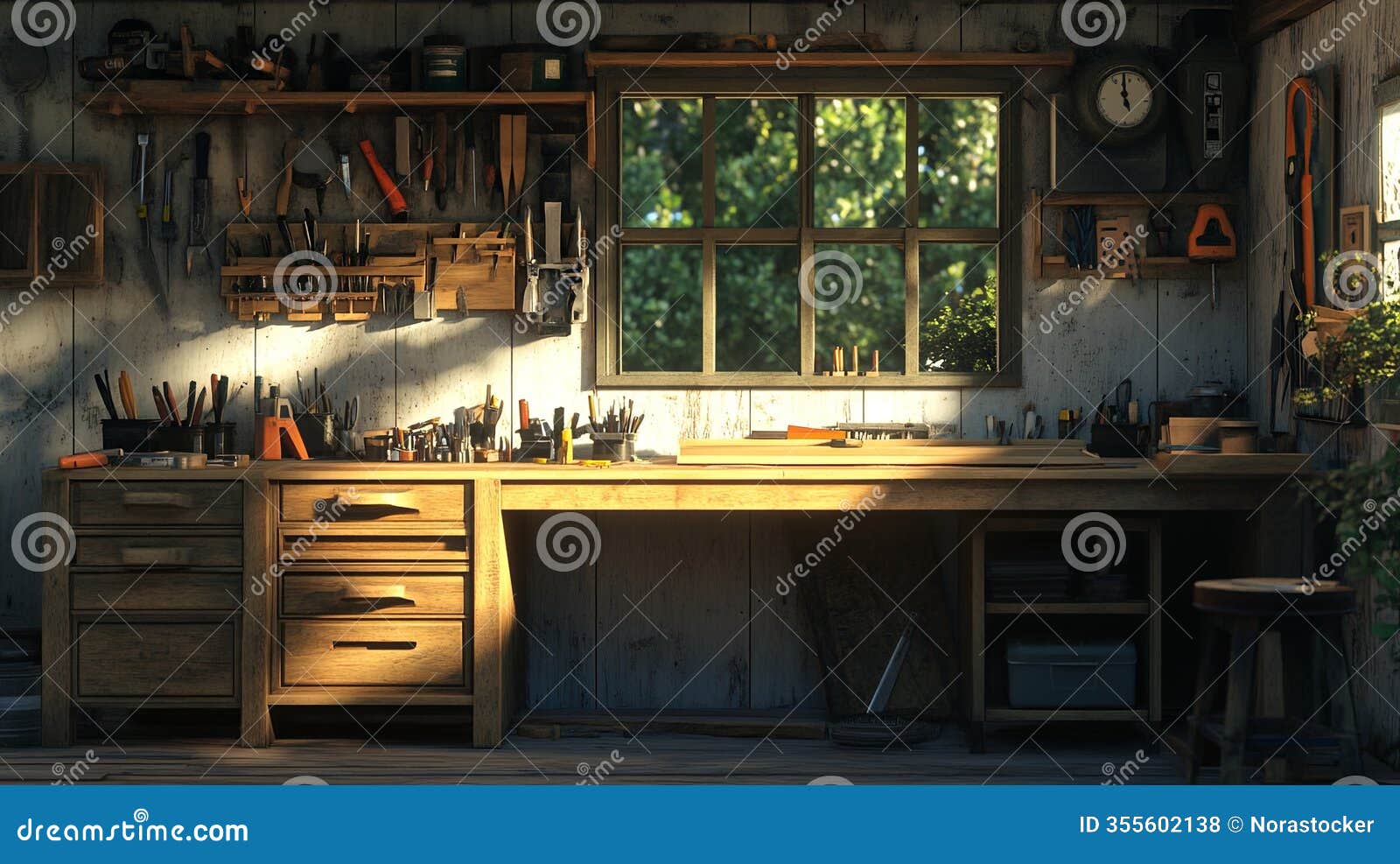 A Tidy Workbench with Neatly Arranged Tools and a Wooden Project Stock ...