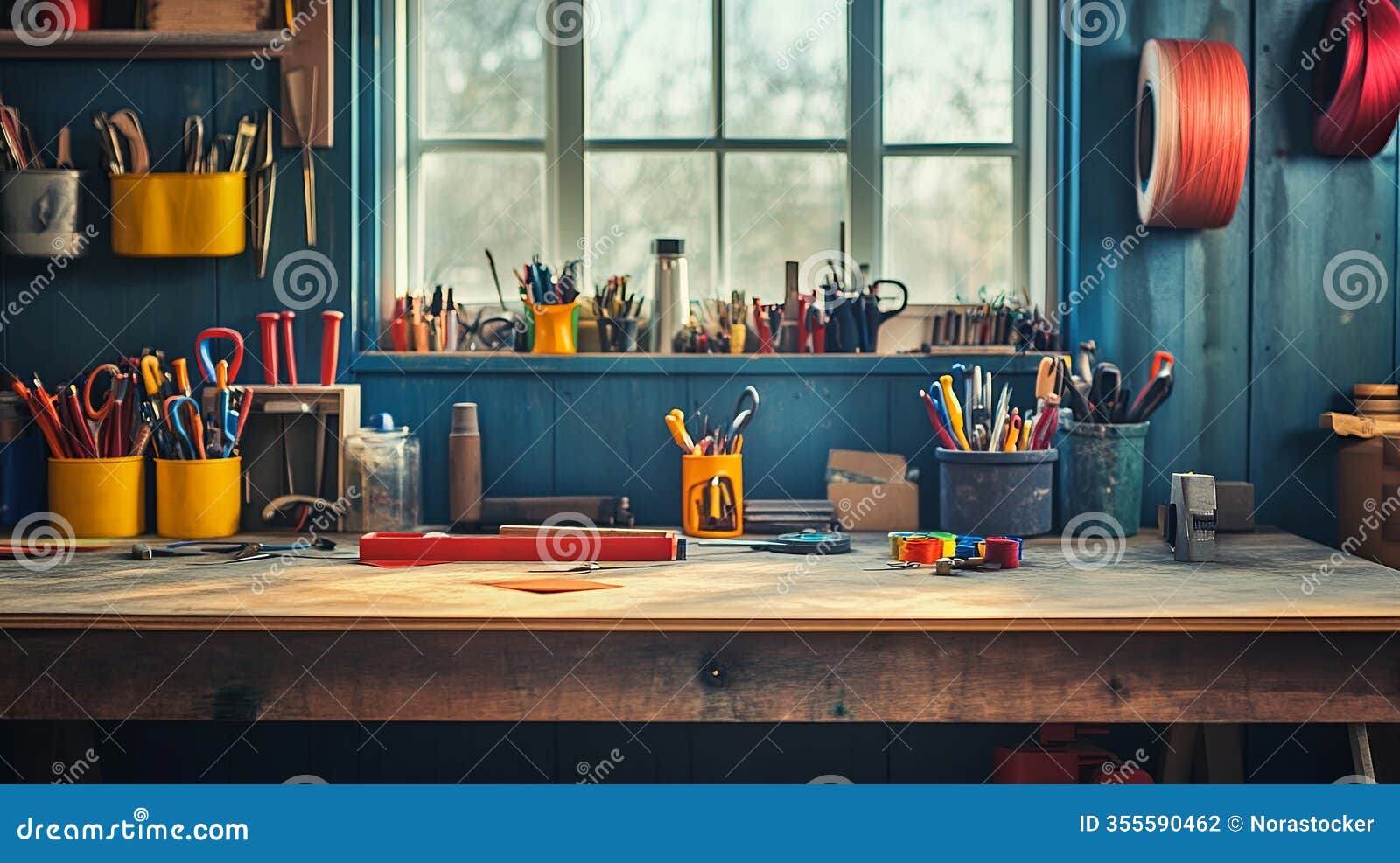 A Tidy Workbench with a Set of Crafting Tools and Colorful Ribbons ...