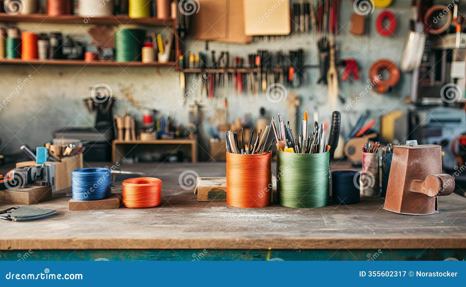 A Tidy Workbench with a Set of Crafting Tools and Colorful Ribbons ...