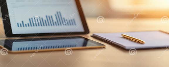 A Tidy Workspace Featuring a Tablet Displaying Graphs Alongside a ...