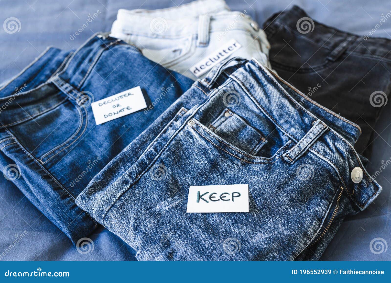 Keep Vs Declutter Label on Different Jeans in Various Denim Colors ...