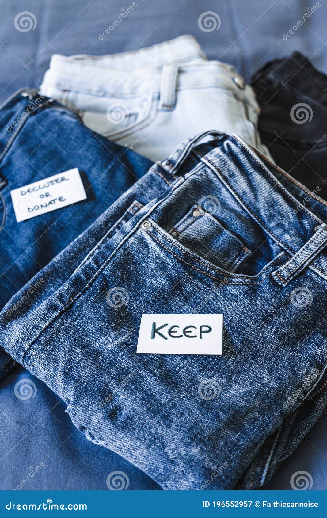 Keep Vs Declutter Label on Different Jeans in Various Denim Colors ...