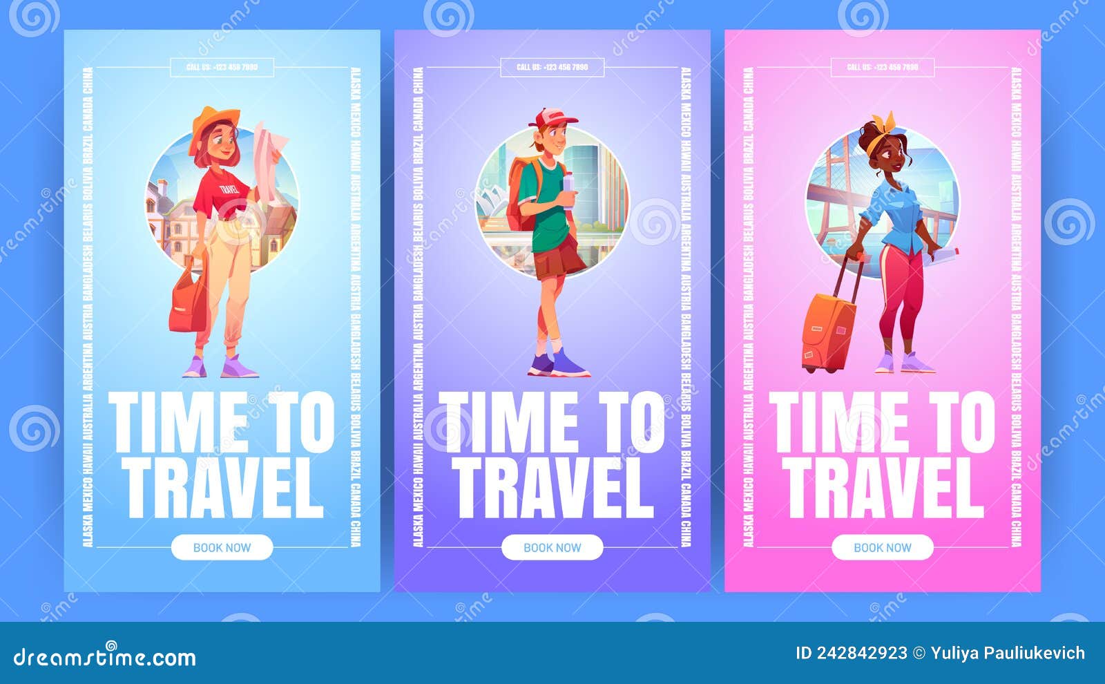 Tiempo Para Viajar Banners Con Turistas Con Maleta Ilustración Del