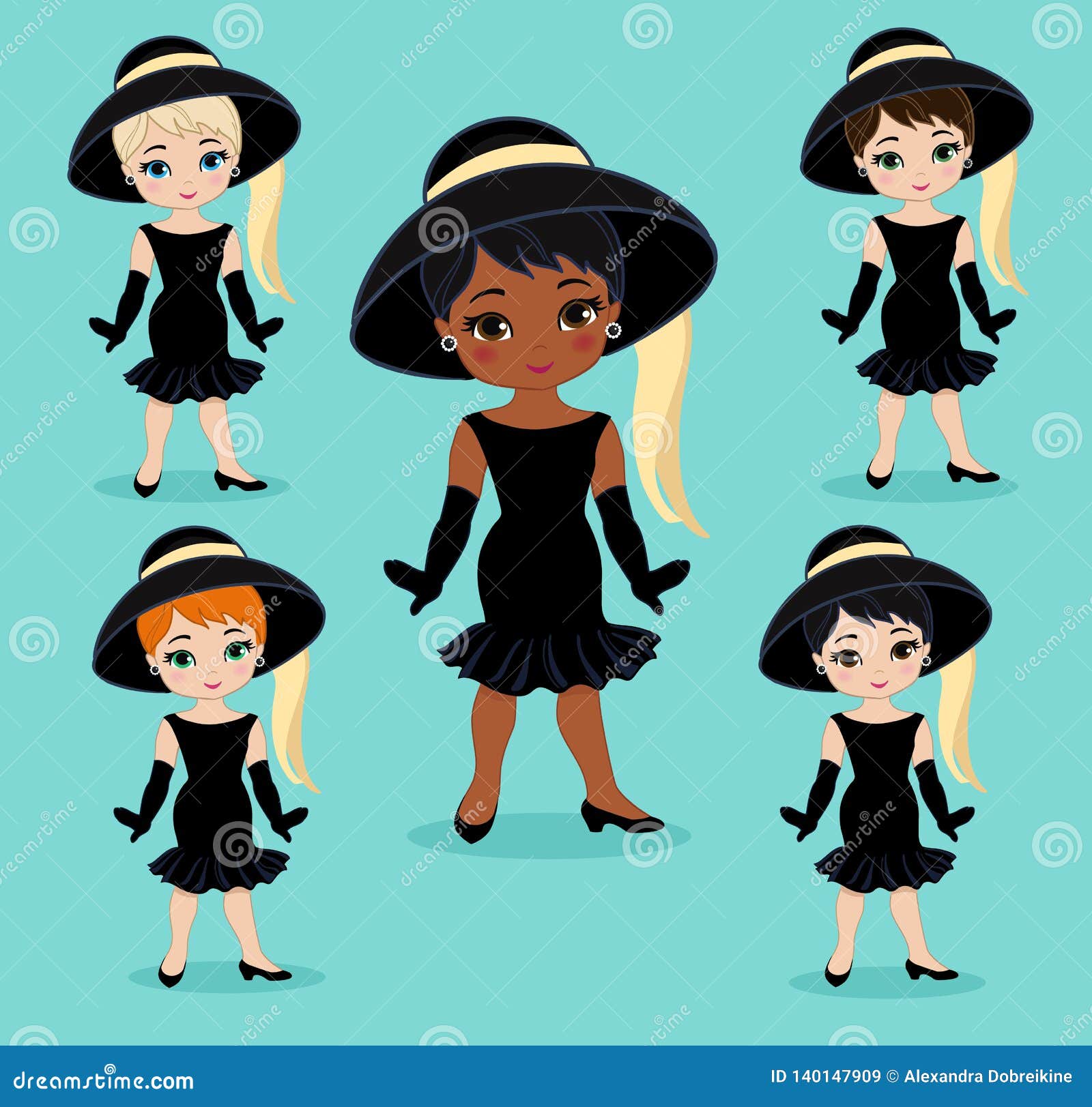 Beautiful Retro Woman, in Little Black Dress with a Gloves. Stock ...