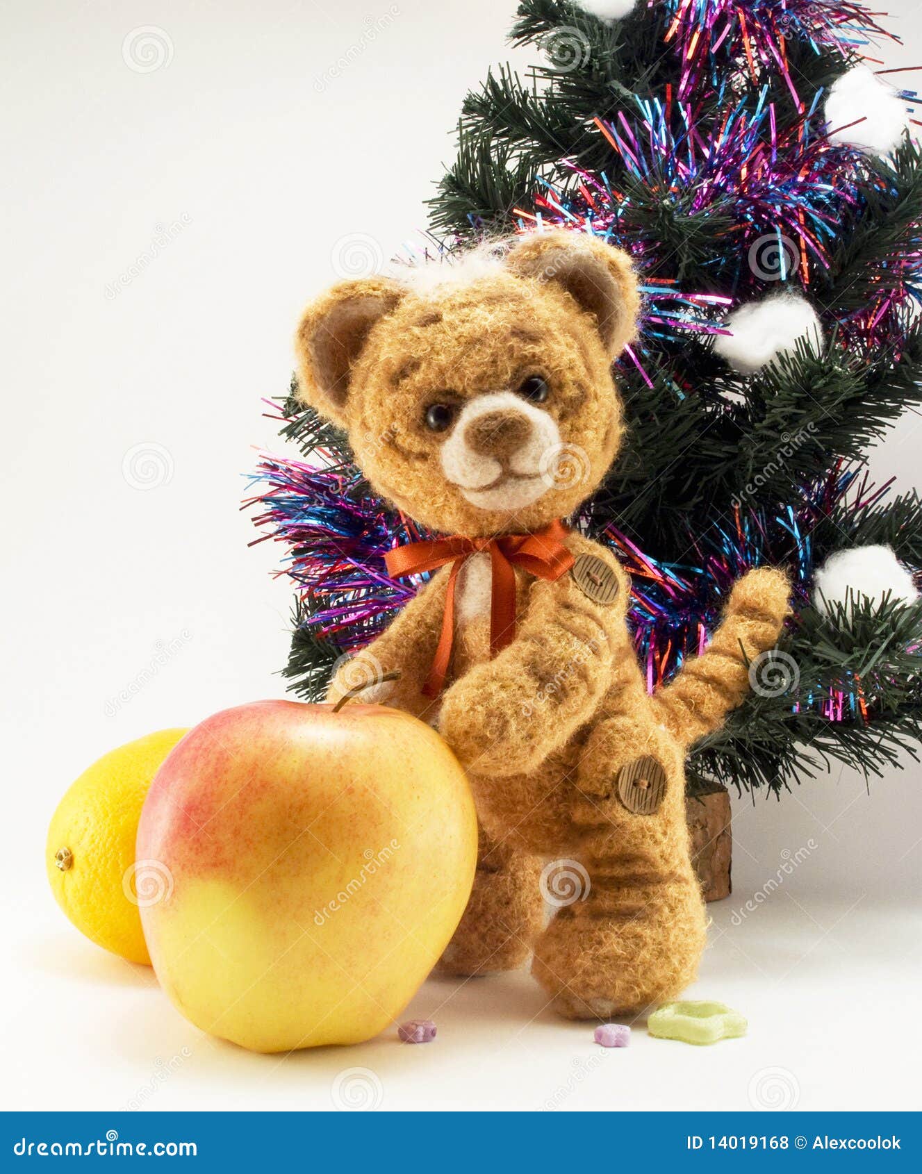 Tiger with an Apple Under a Fur-tree Stock Photo - Image of holiday ...