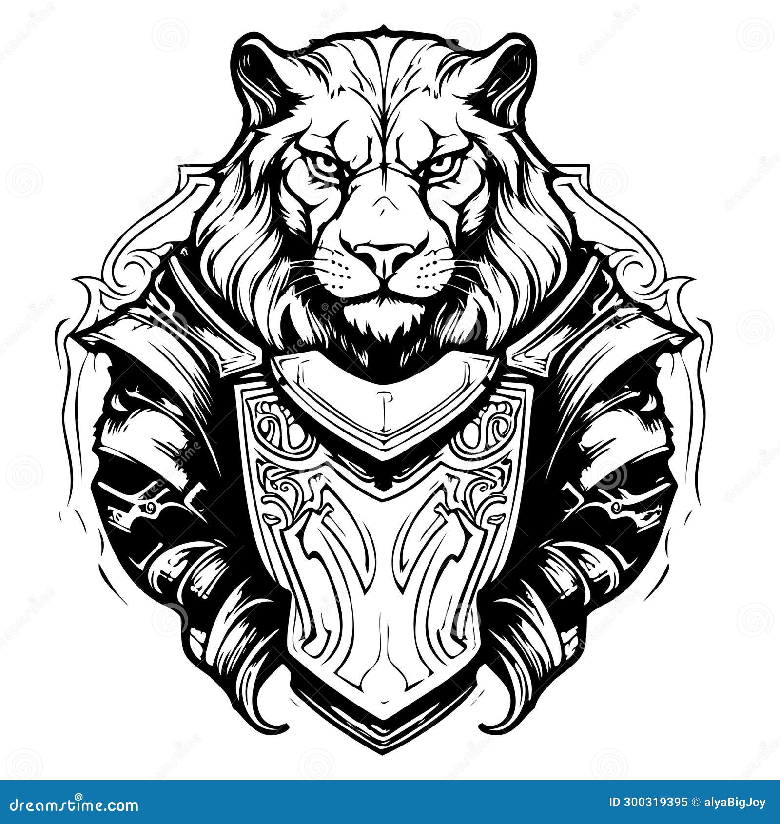 Tiger in Armor Simple Heraldic Shield - Black and White Vector Design ...