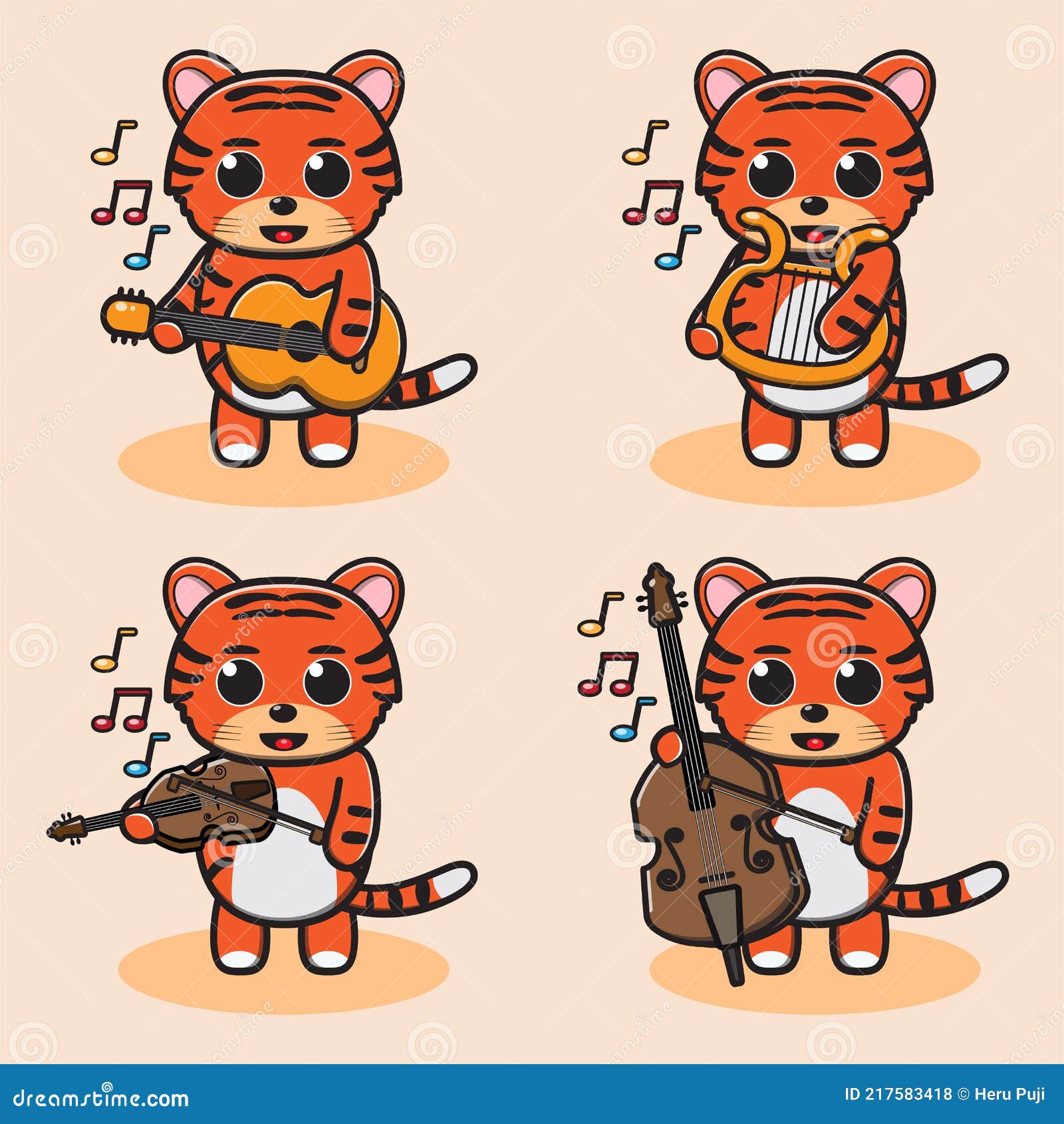 Vector Illustration of Cute Tiger Play Music Instrument Cartoon. Stock ...