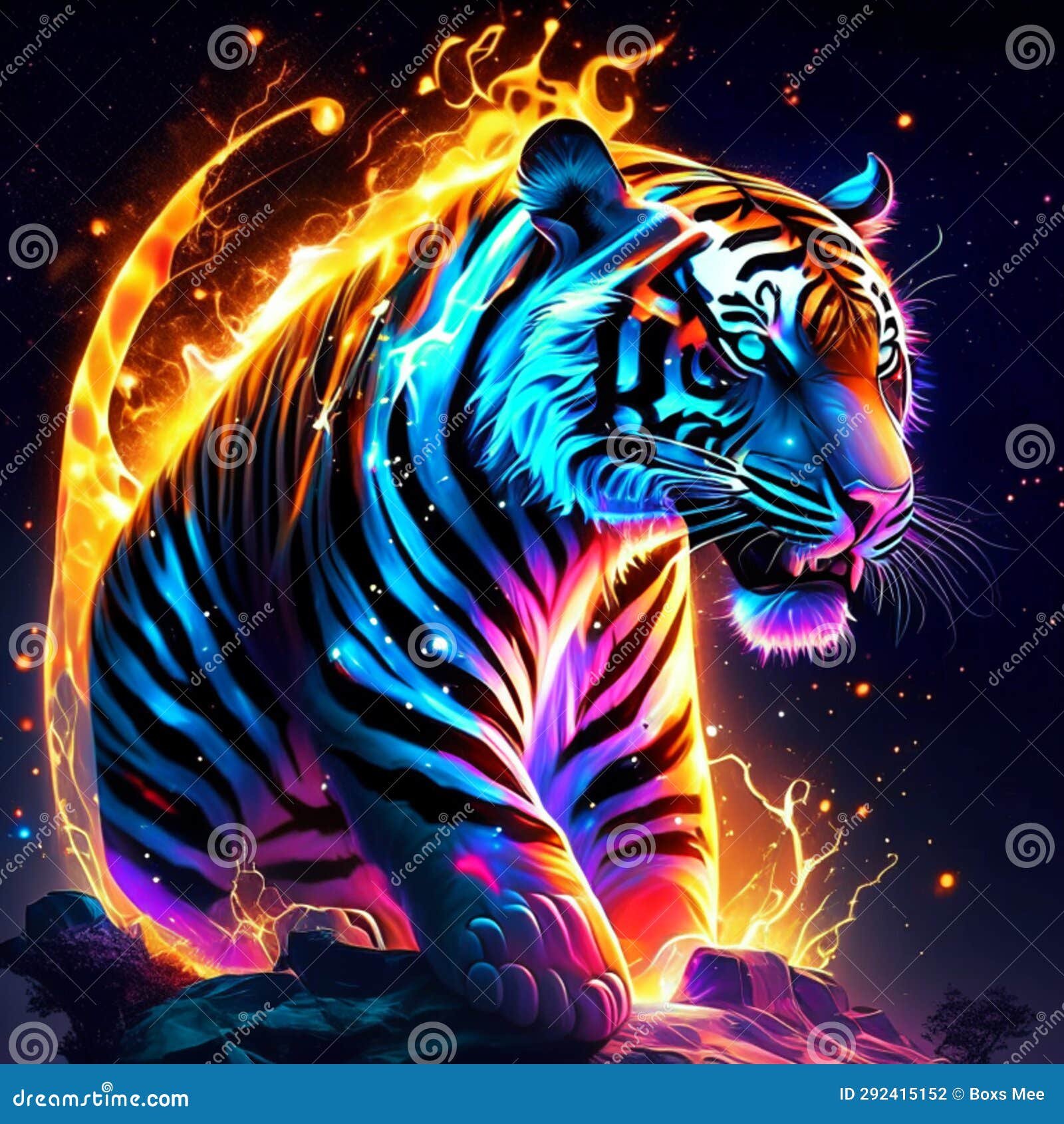 Tiger on a Black Background with a Bright Flash. Vector Illustration ...