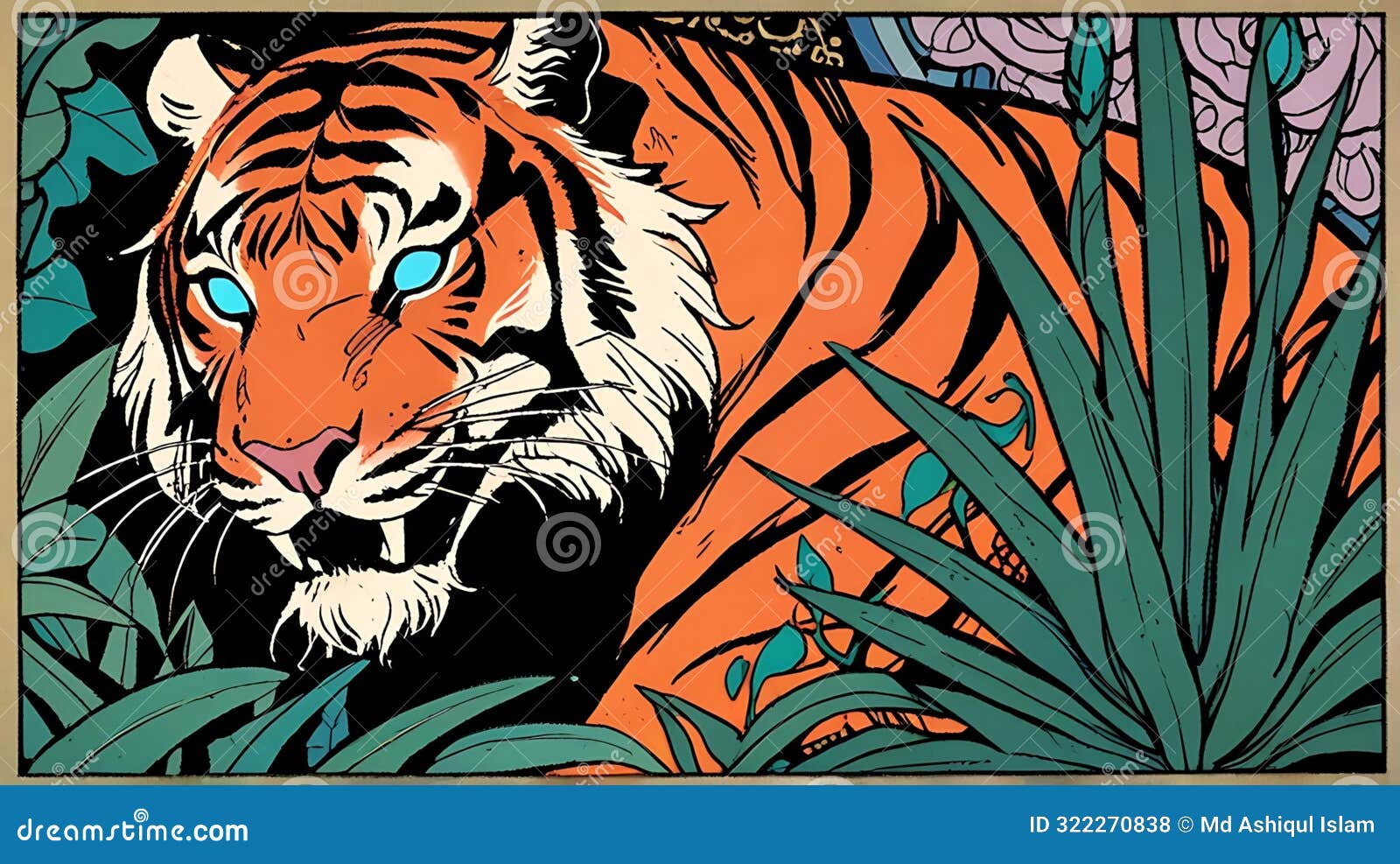 A Tiger with Blue Eyes Walk in the Jungle Stock Illustration ...