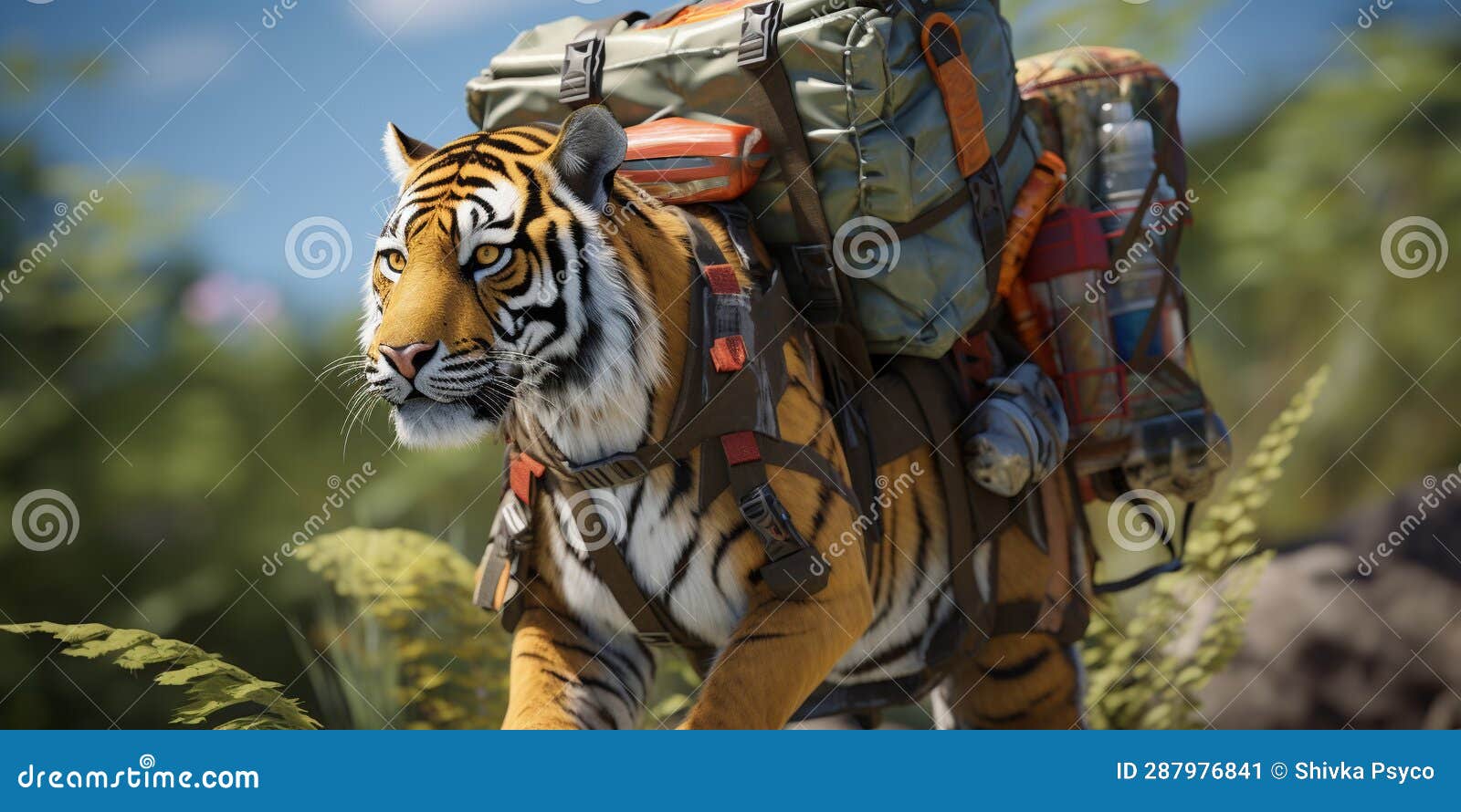 A Tiger Carrying Backpacks in Jungle Generative AI Stock Illustration ...