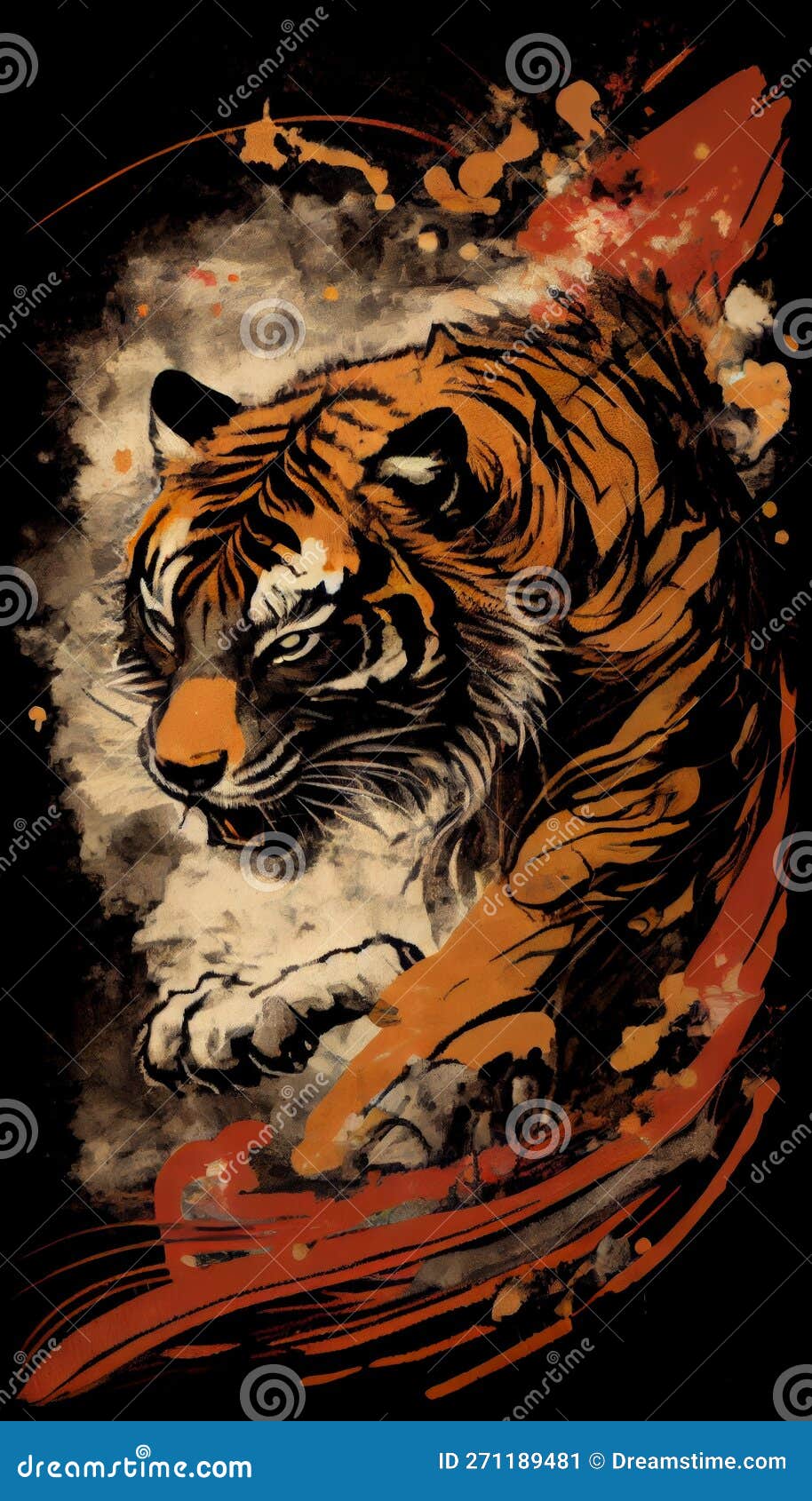 Tiger Chinese Style Art on Black Background Generative AI Stock ...