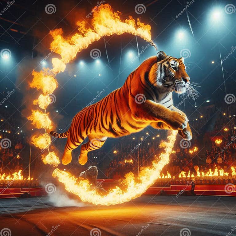 A Tiger in Circus with Fire in Circles Stock Image - Image of circle ...