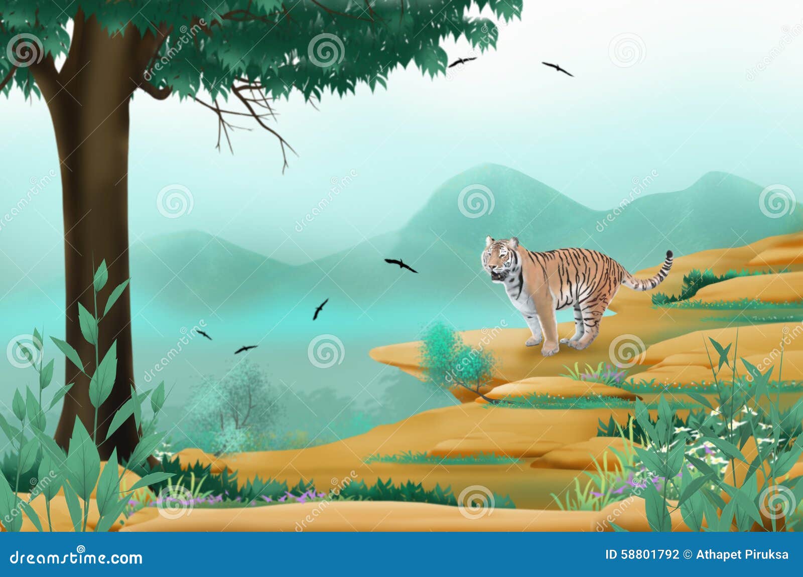 A tiger on the cliff stock illustration. Illustration of water - 58801792